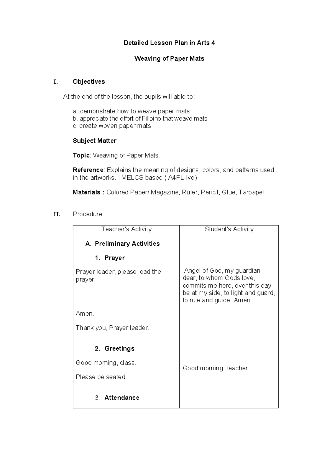 Comprehensive Detailed Lesson Plan for Arts 4: Weaving Paper Mats - Studocu