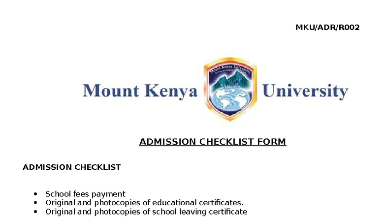 Admission Checklist -MKU-ADR-R002 - Associate in Computer Technology - MKU/ADR/R ADMISSION ...