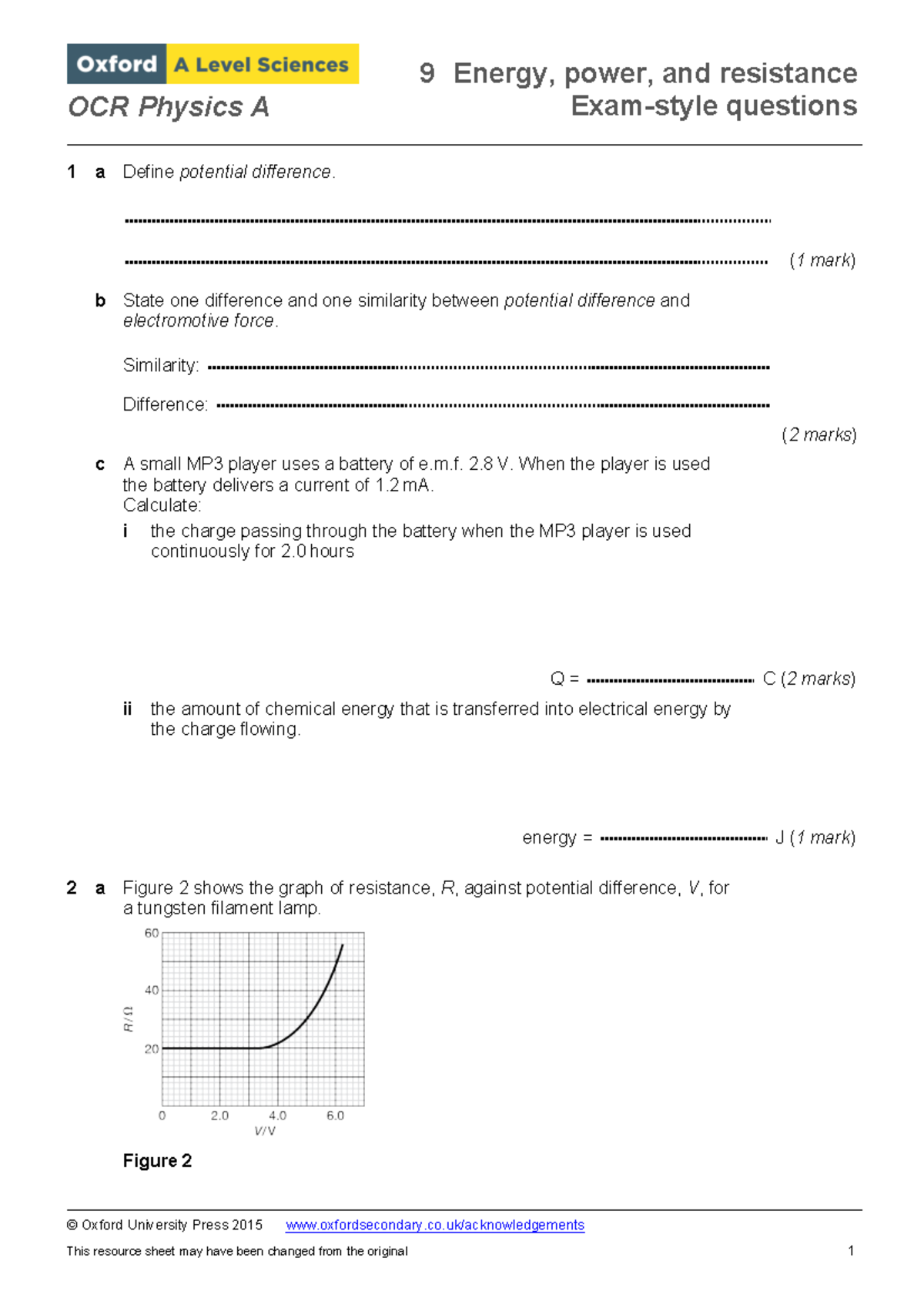 Unit 4.2 - Energy, Power & Resistance: OCR Physics A Exam Questions ...