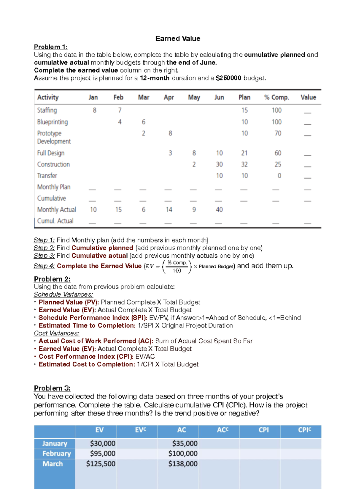 Earned Value Analysis Exercises: Problem Set 1 (EVA 101) - Studocu