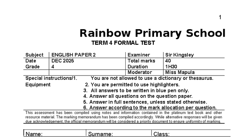 Grade 4 English Term 4 Formal Test Paper 2 - Dec 2025 - Studocu