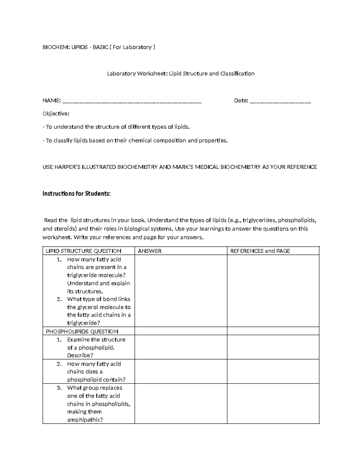 Lipid- Worksheets - BIOCHEMISTRY - BIOCHEM: LIPIDS - BASIC ( For Laboratory ) Laboratory ...