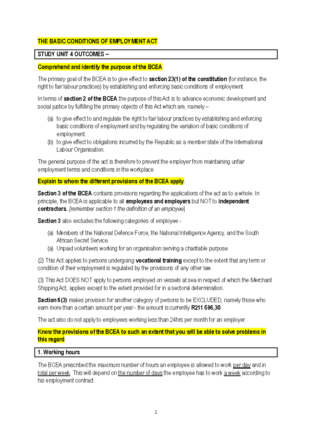 Study Unit 4: Understanding the Basic Conditions of Employment Act ...