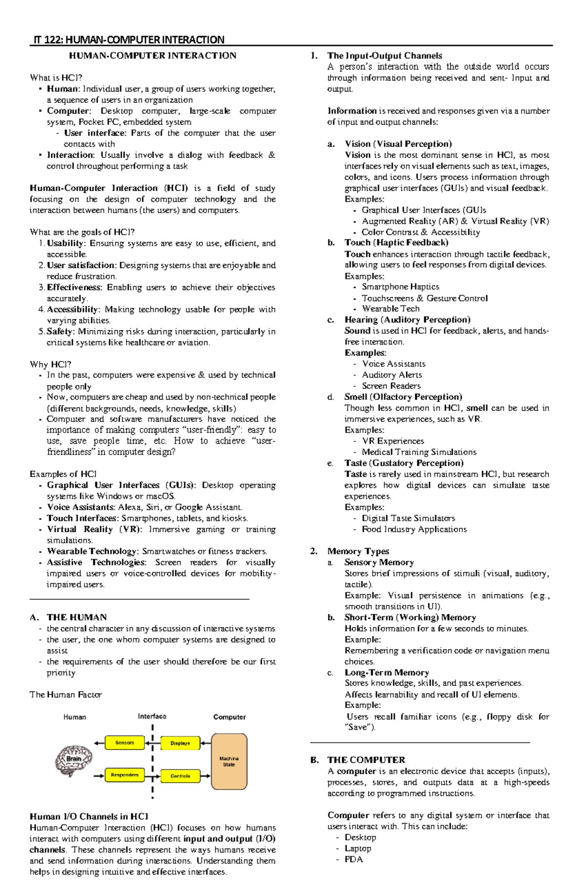 IT122 HCI Notes - HCI - IT 122: HUMAN-COMPUTER INTERACTION HUMAN ...