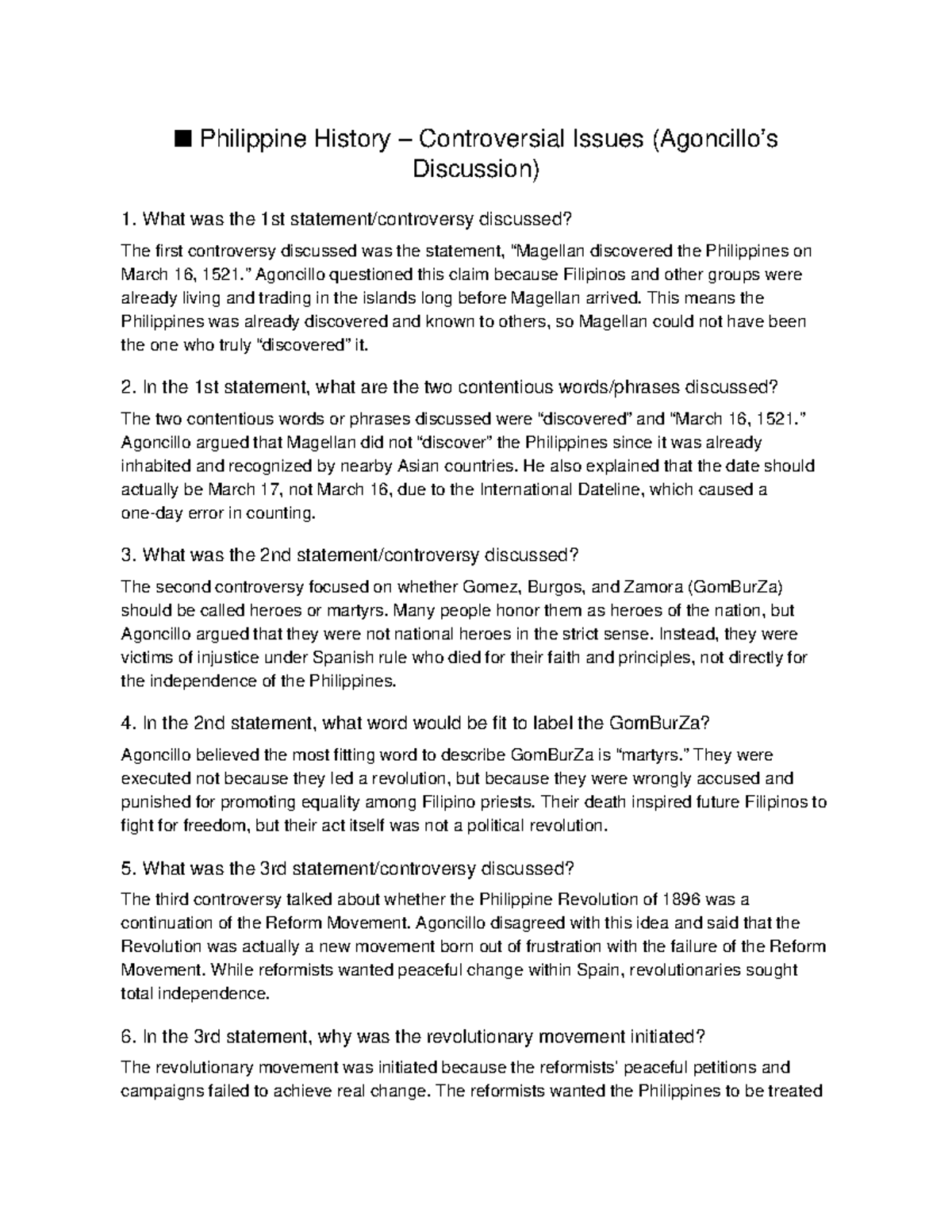 Philippine History Reviewer: Controversial Issues by Agoncillo - Studocu