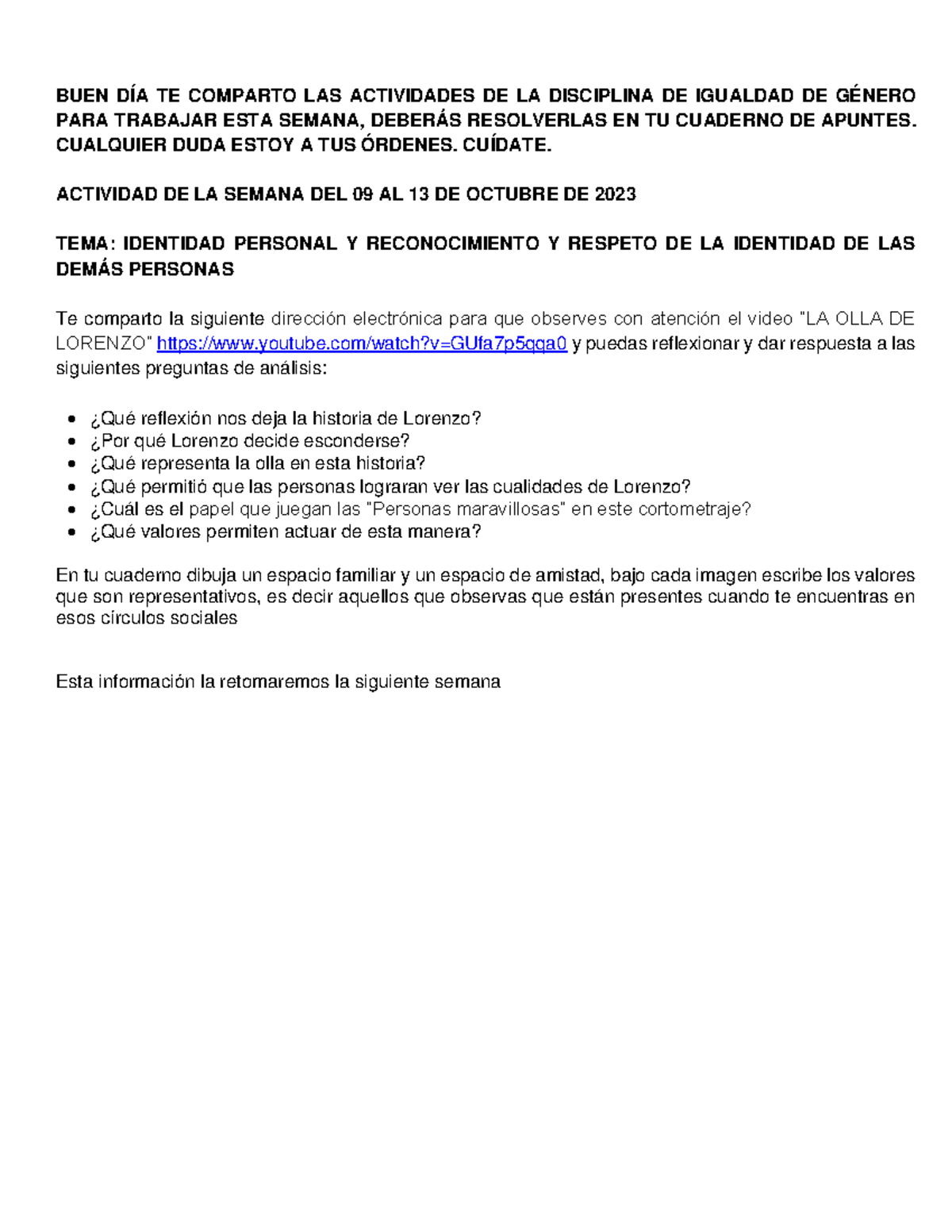 Actividad EN CASA: Igualdad de Género - Semana del 09 al 13 de Octubre ...
