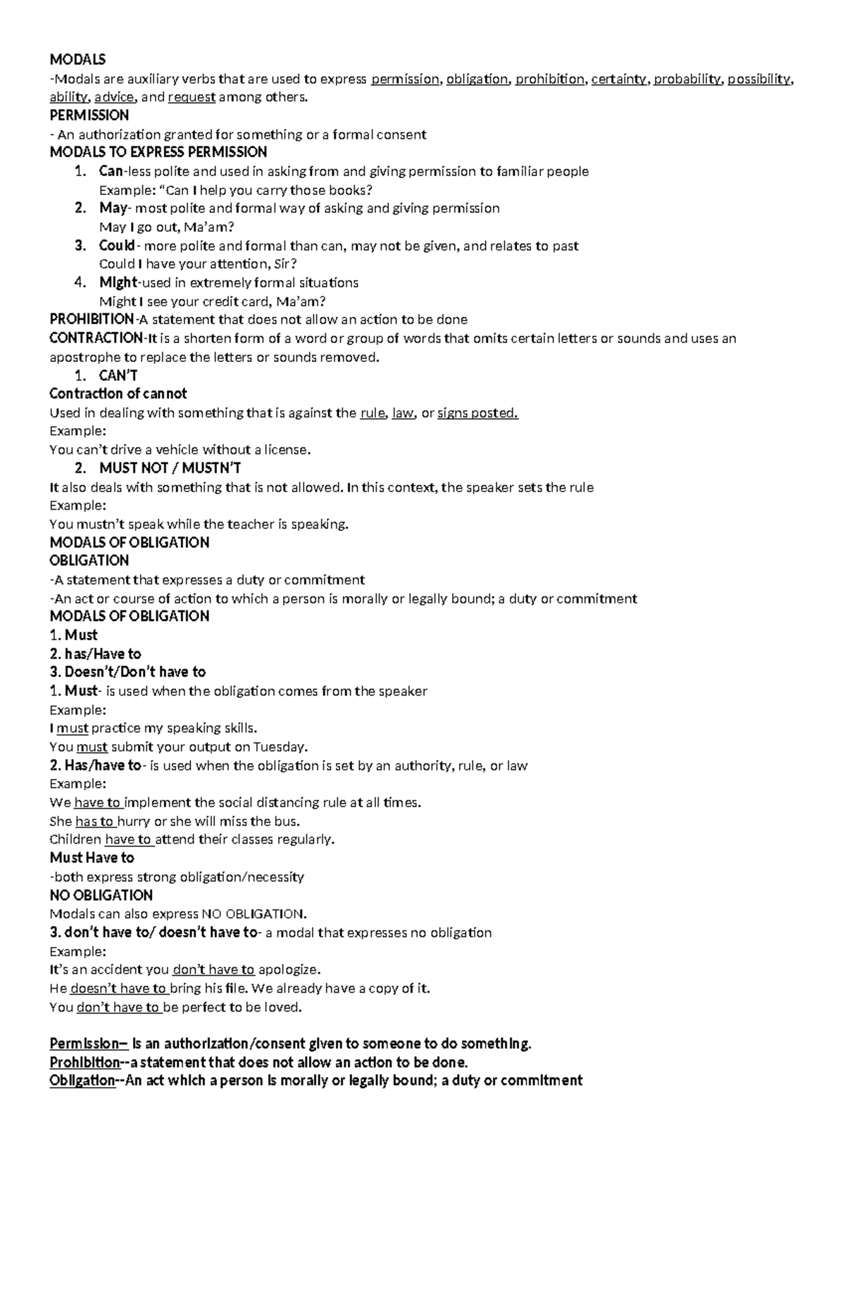 Modals: Understanding Permission, Obligation, and Prohibition - Studocu