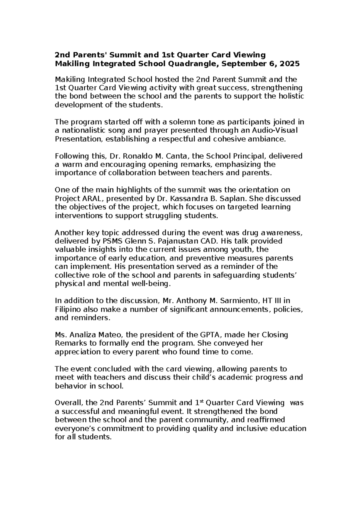 2nd Parent Summit & 1st Quarter Card Viewing - Makiling Integrated ...