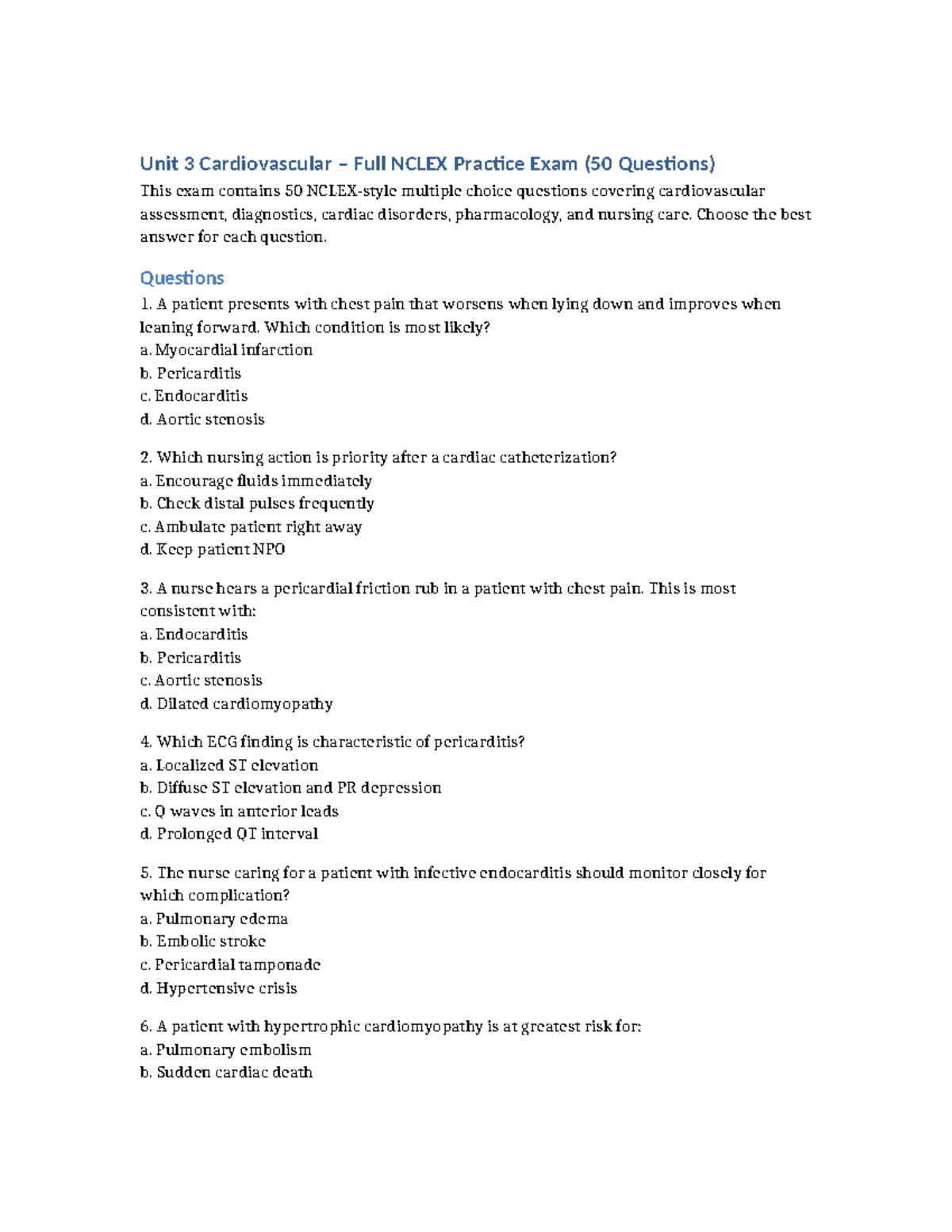 Unit 3 Cardiovascular NCLEX Practice Exam (50 Questions) - Studocu