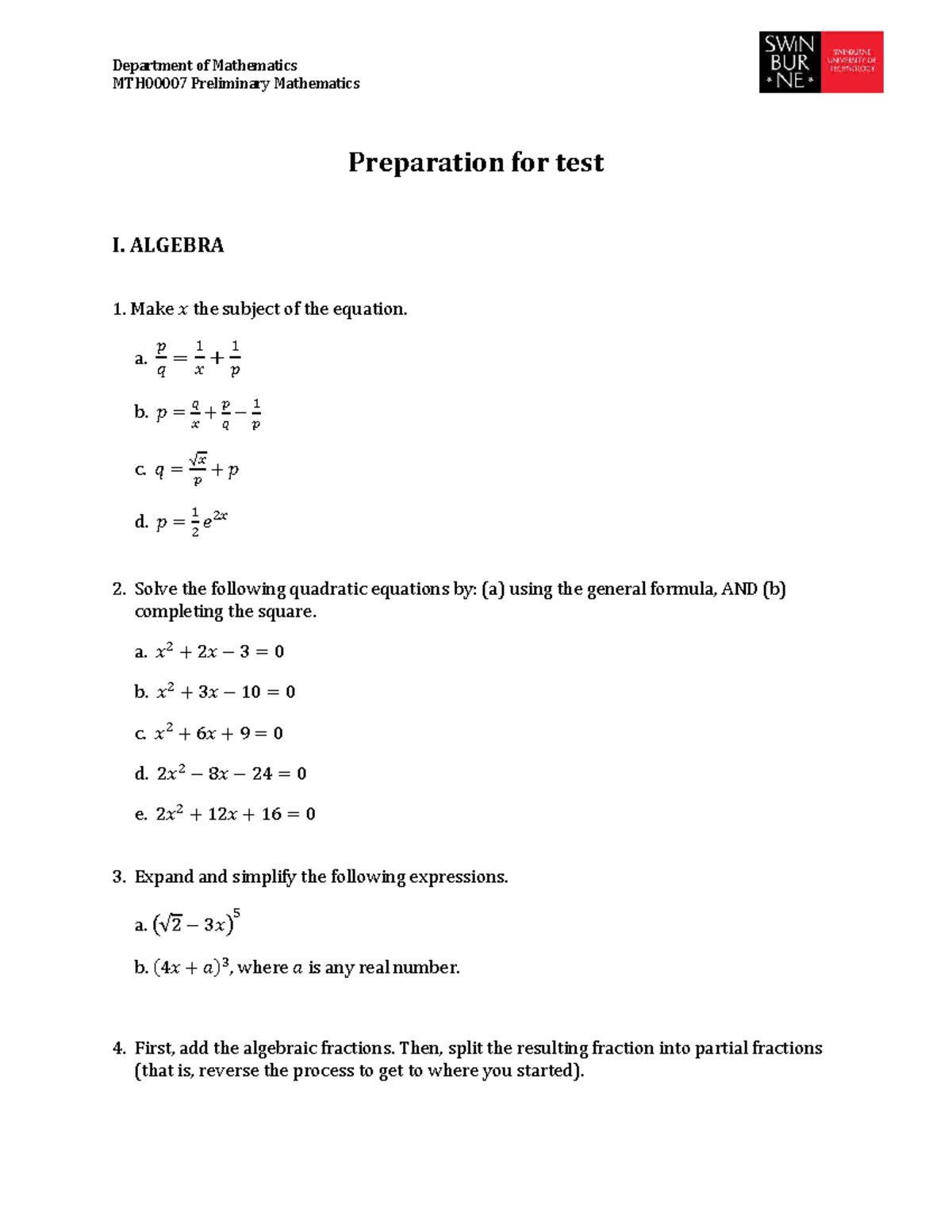 25(S1) MTH00007 Algebra Preparation for Test I - Studocu