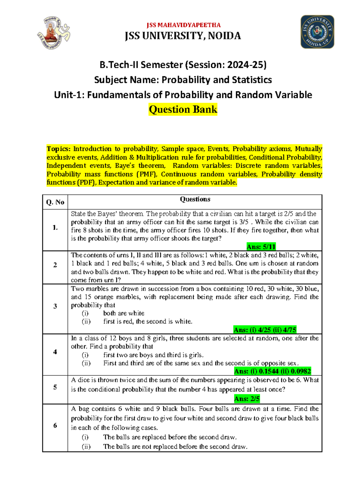 Probability and Statistics: Unit 1 Notes (JSS MAHAVIDYAPEETHA) - Studocu