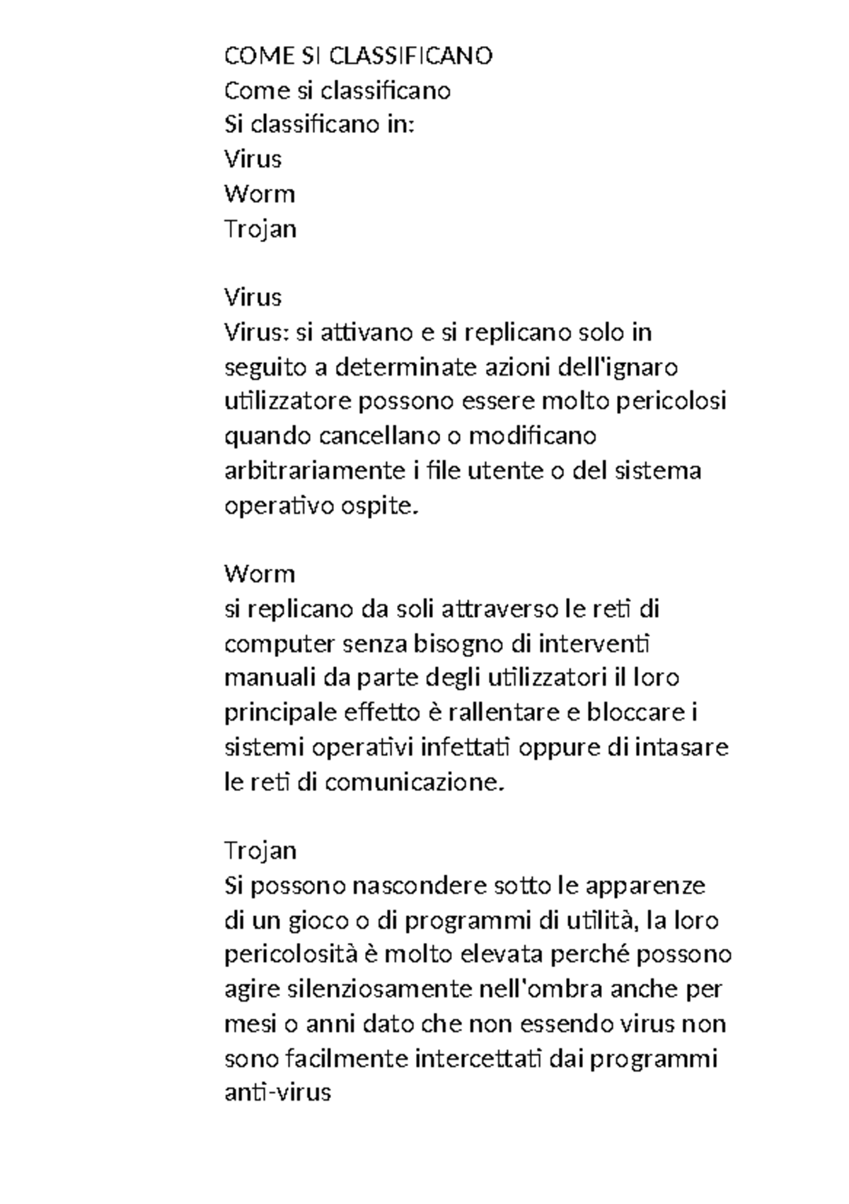 Classificazione dei Virus Informatici: Tipi e Storia - Studocu