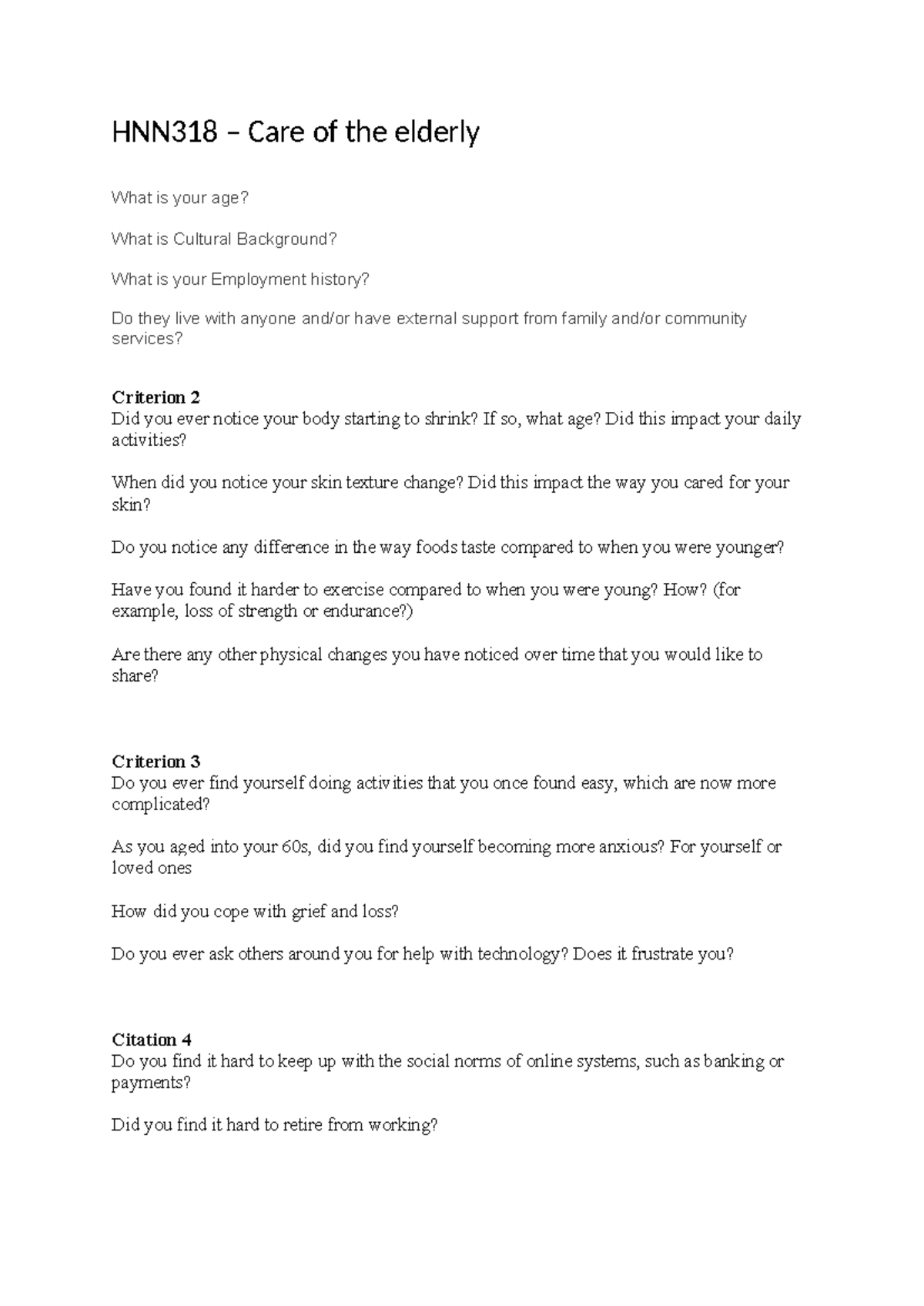 HNN318 Care of the Elderly: Interview Questions for AT1 - Studocu