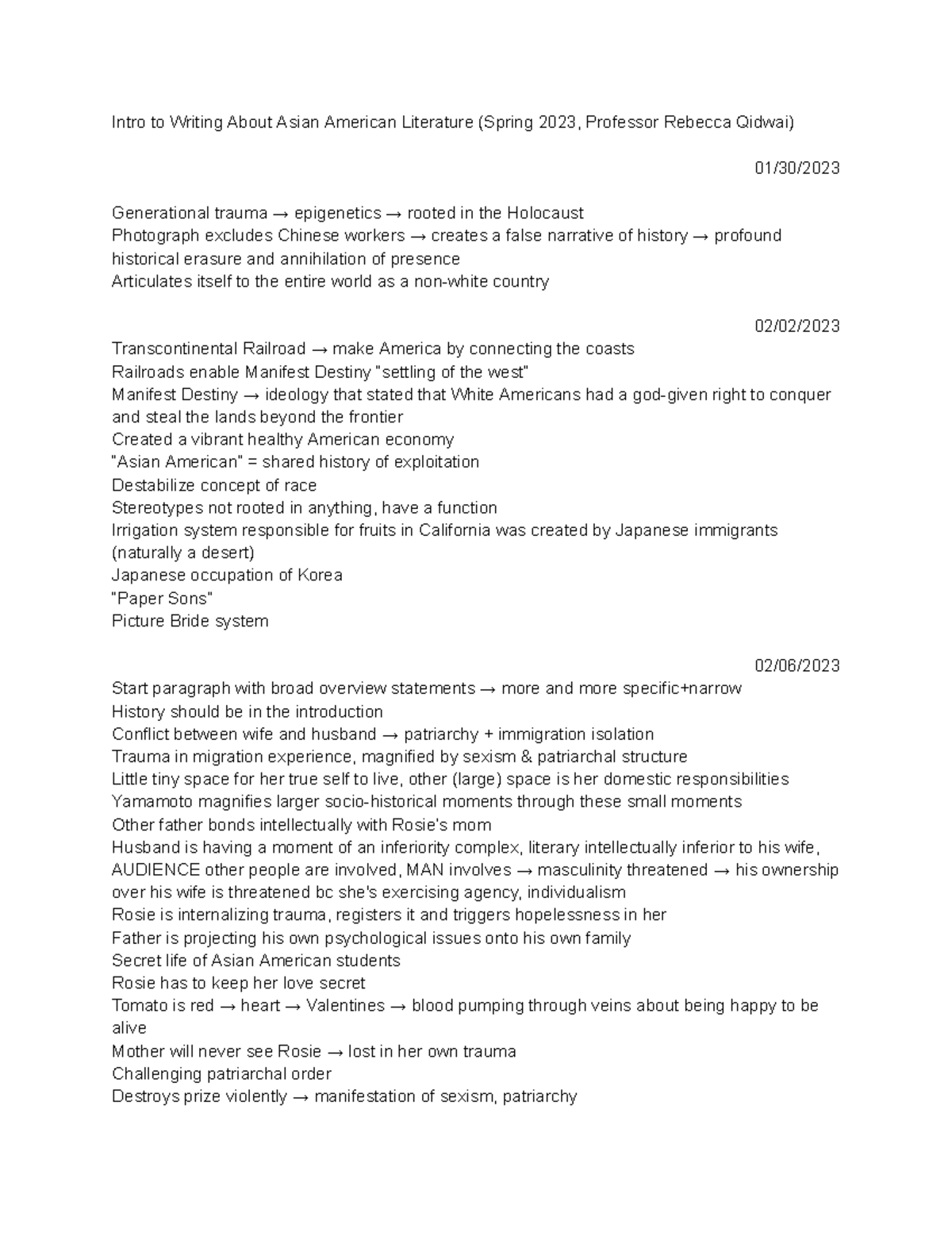 Asian American Literature Writing Notes (ENG 320, Spring 2023) - Studocu
