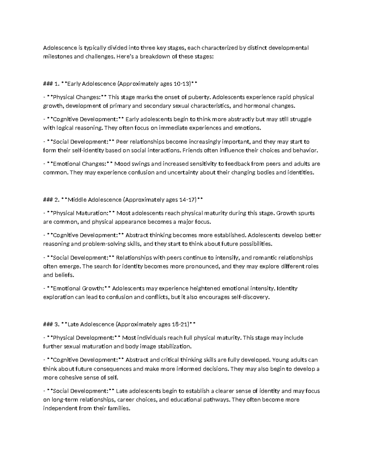 Key Stages of Adolescence: Developmental Milestones in PED 3701 - Studocu
