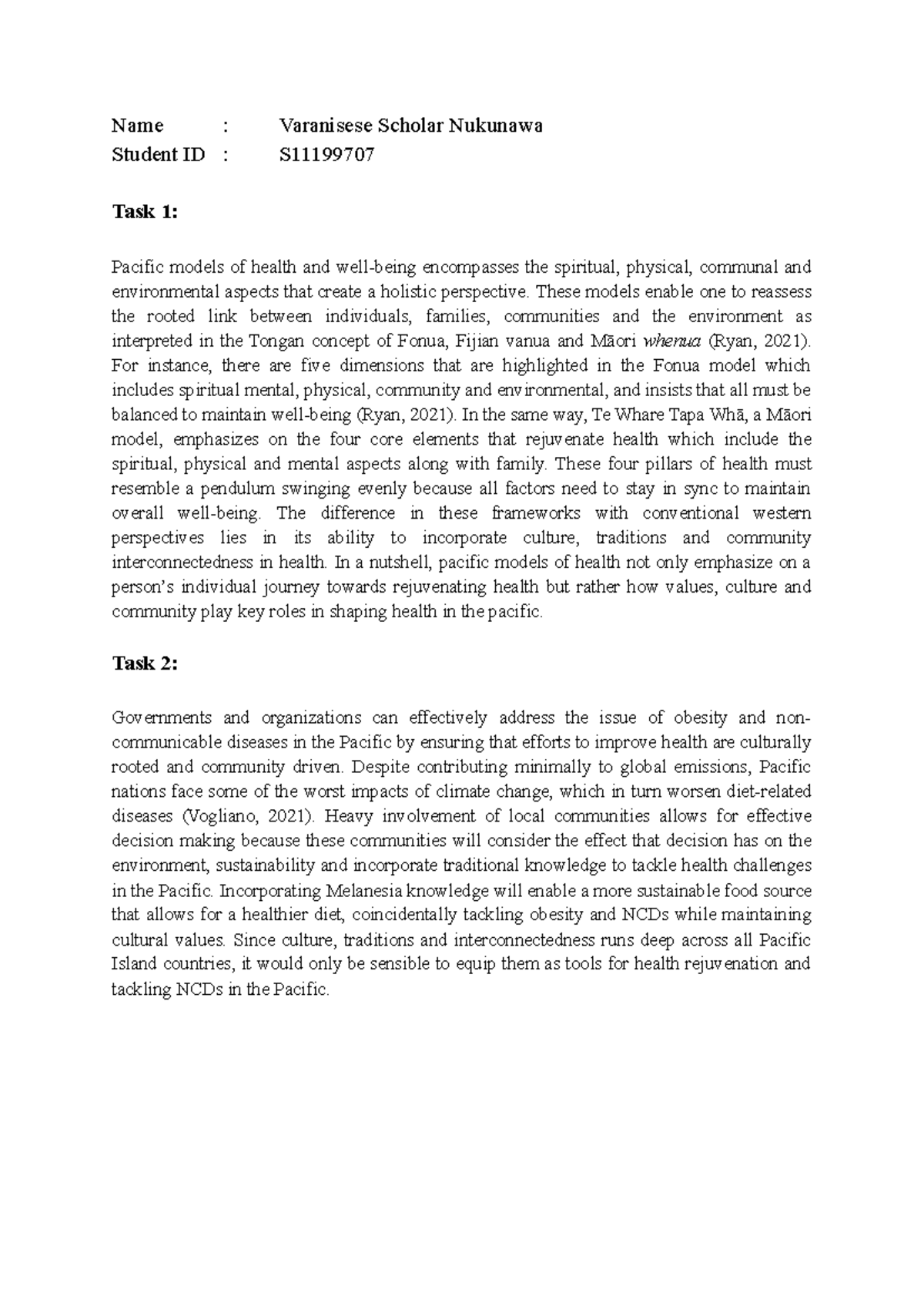 Pacific Models of Health: Task 1 & 2 Analysis - S11199707 - Studocu