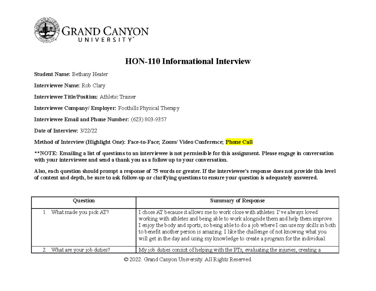 HON 110 Informational Interview Worksheet with Rob Clary - Studocu