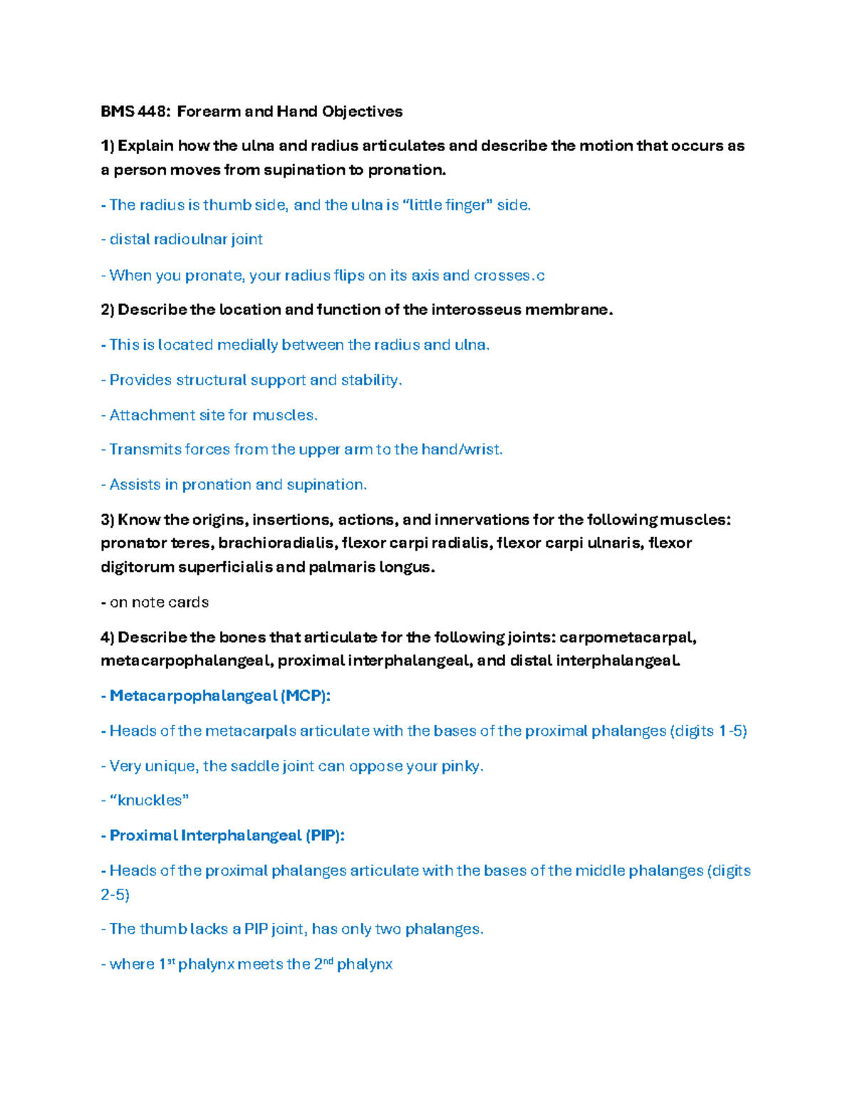 BMS 448: Forearm and Hand Key Objectives and Concepts Overview - Studocu