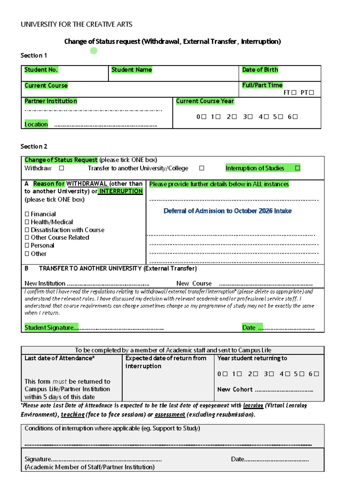 Change of Status Request Form - UCA Withdrawal/Transfer Oct 2026 - Studocu
