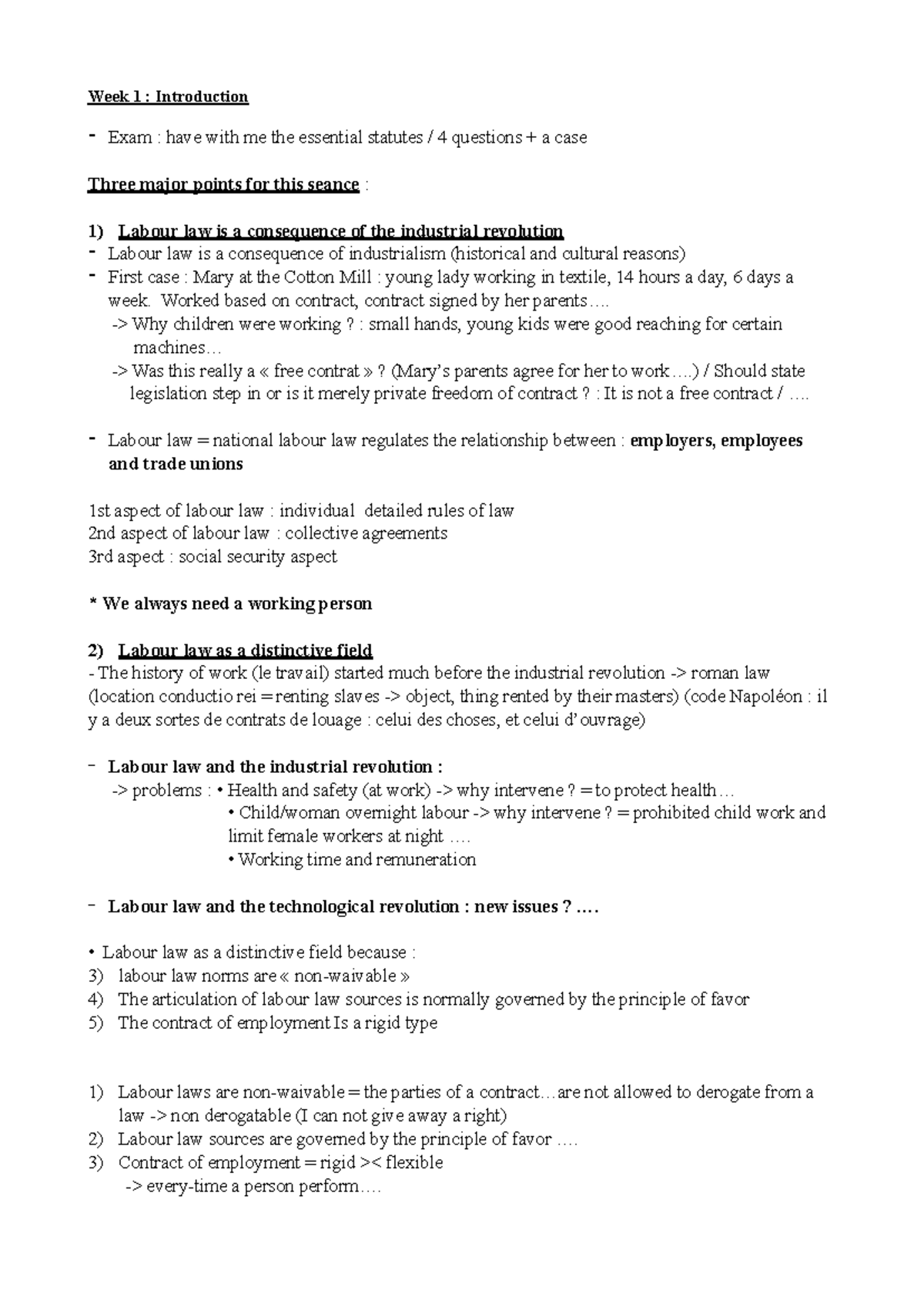 Week 1: Labour Law Introduction Exam Notes (4 Questions) - Studocu