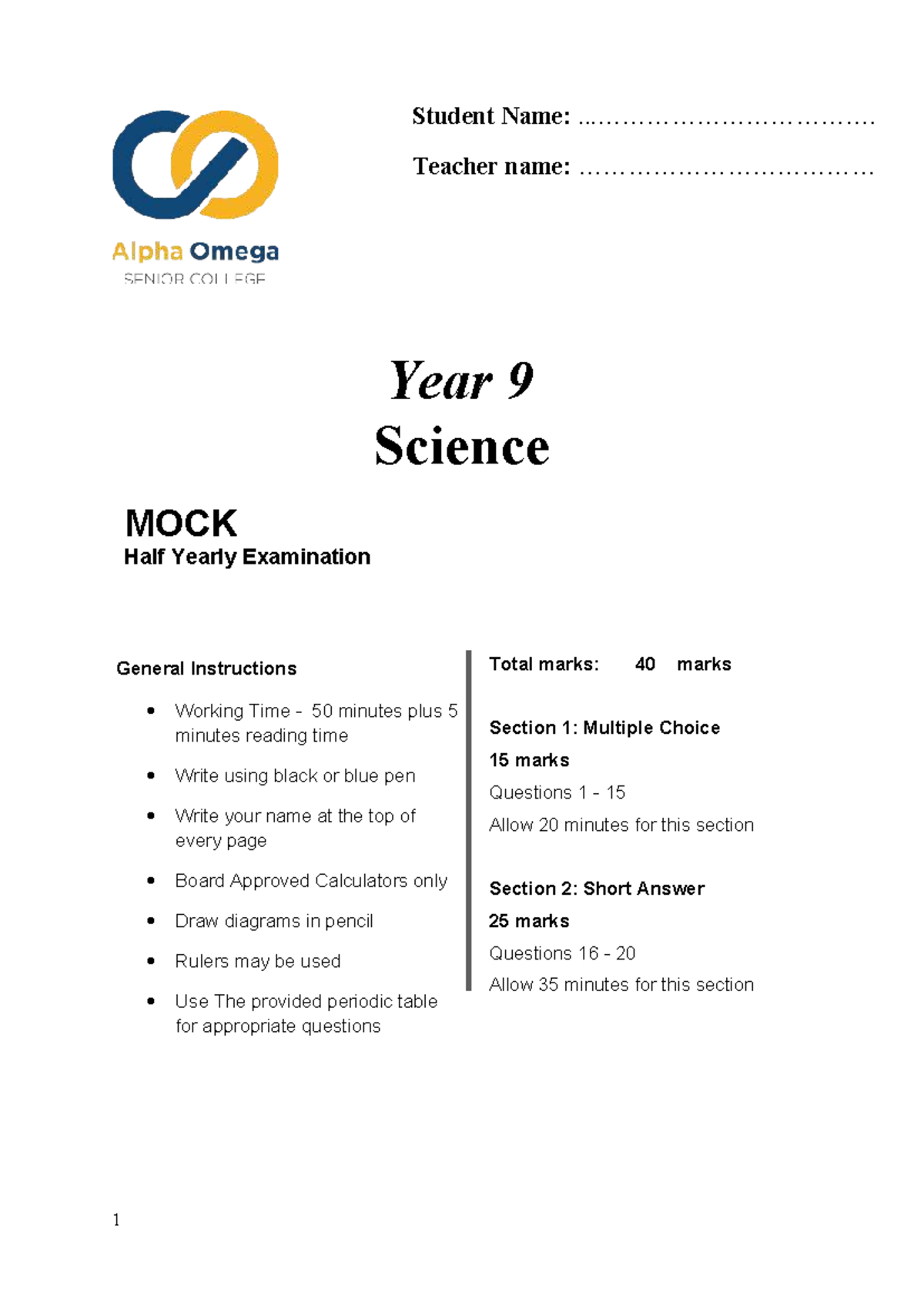 Year 9 Science MOCK Half Yearly Exam - Best Practice Material - Studocu