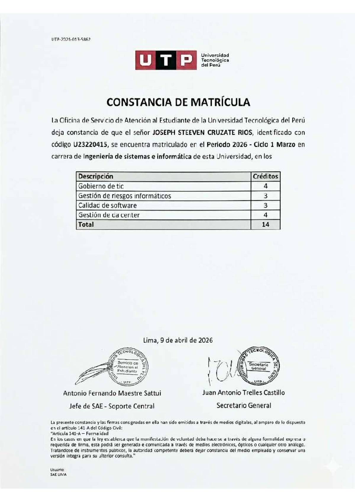 CONSTANCIA DE MATRÍCULA UTP - JOSEPH STEEVEN CRUZATE RIOS - Studocu