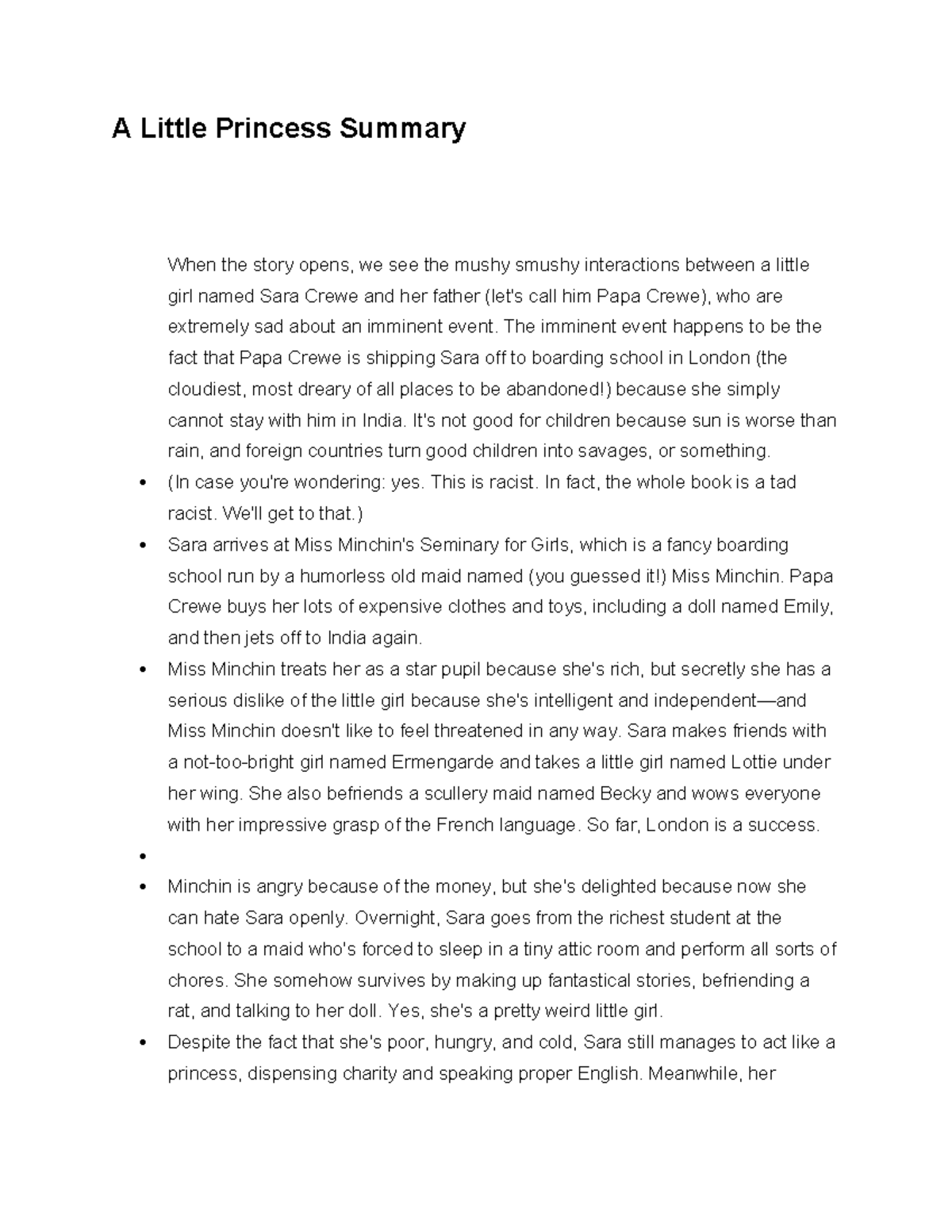 A Little Princess Summary: A Tale of Resilience and Kindness - Studocu