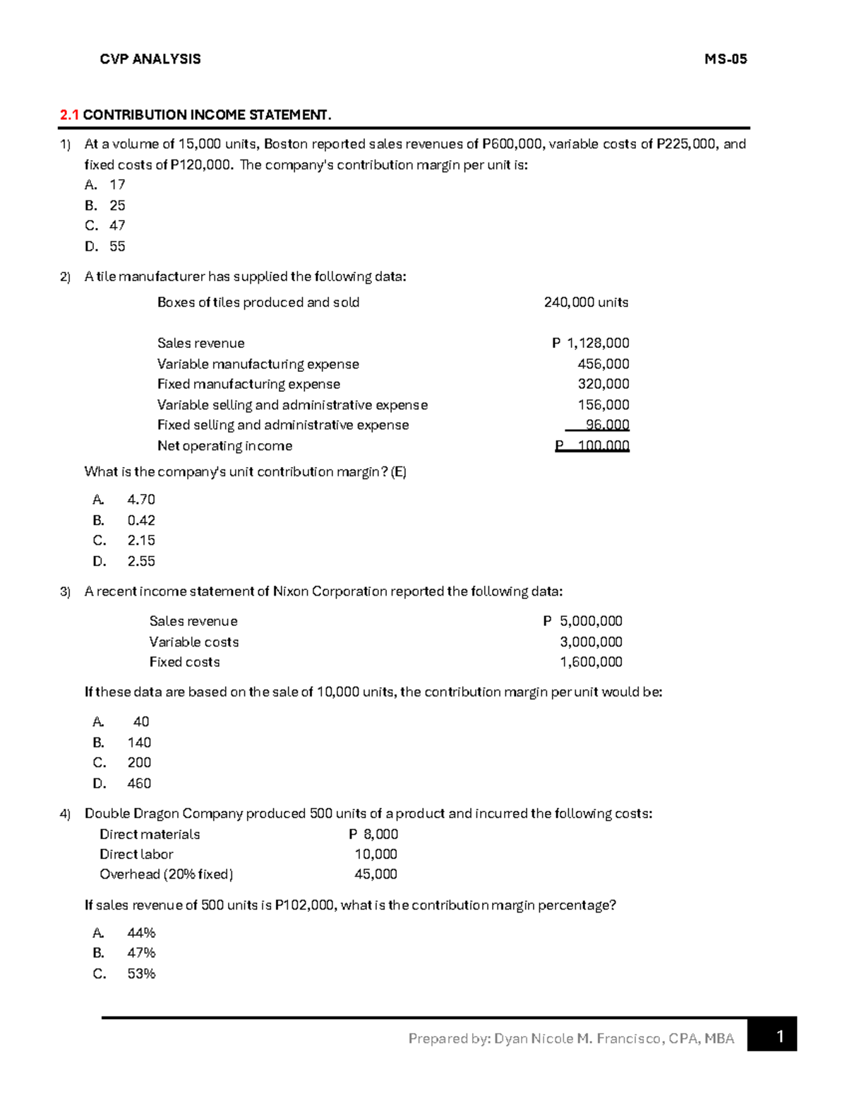 MS-05-CVP - Contribution Margin and Break-Even Analysis Handout - Studocu