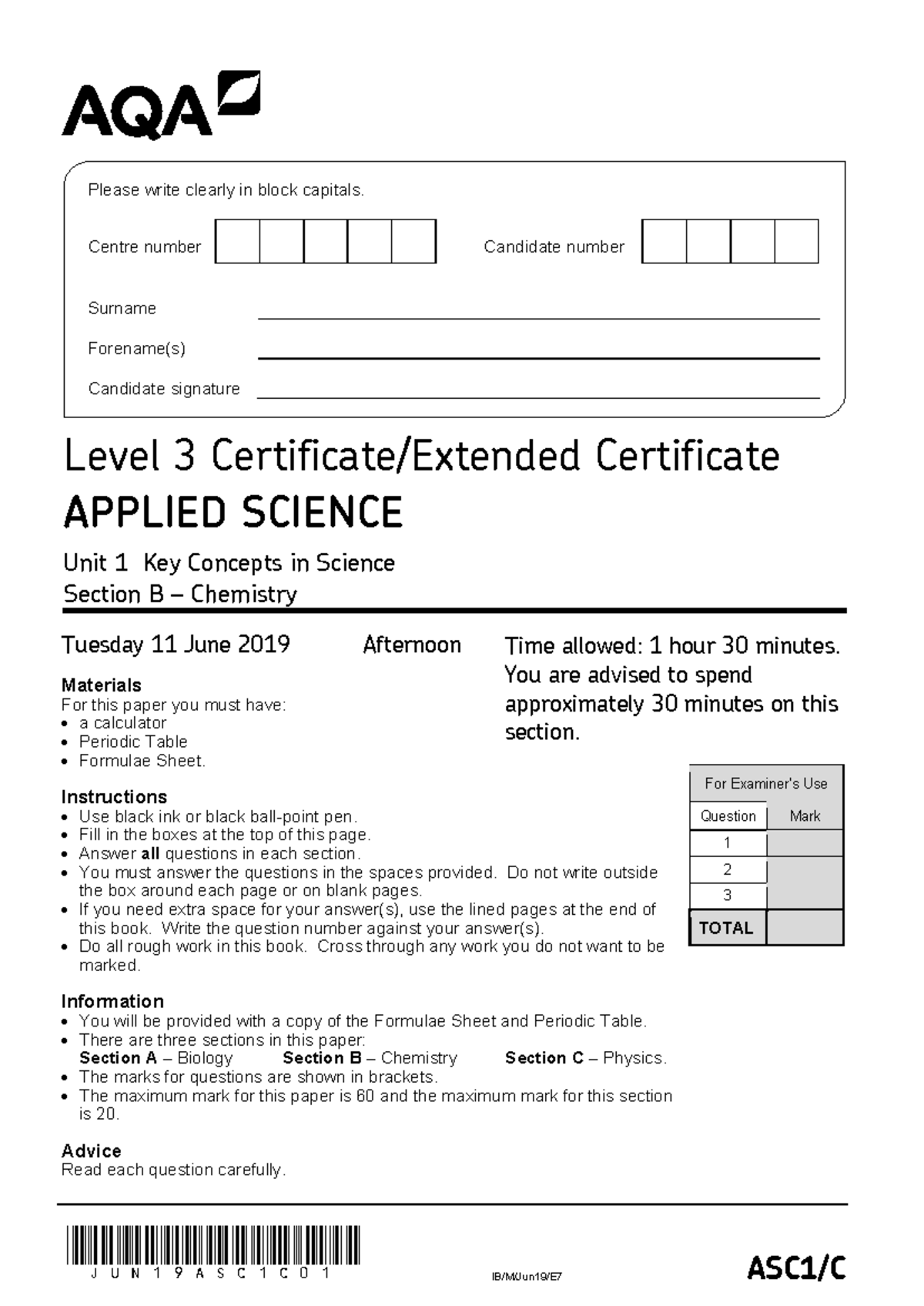 AQA 17751 Level 3 Applied Science Unit 1 Chemistry Exam Paper - June ...
