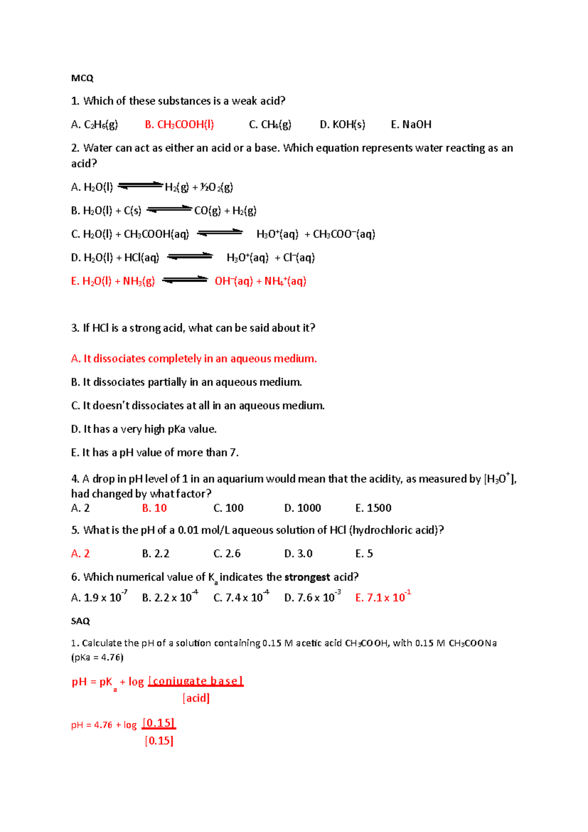 Chemistry MCQ & SAQ on Acids and Bases - Studocu