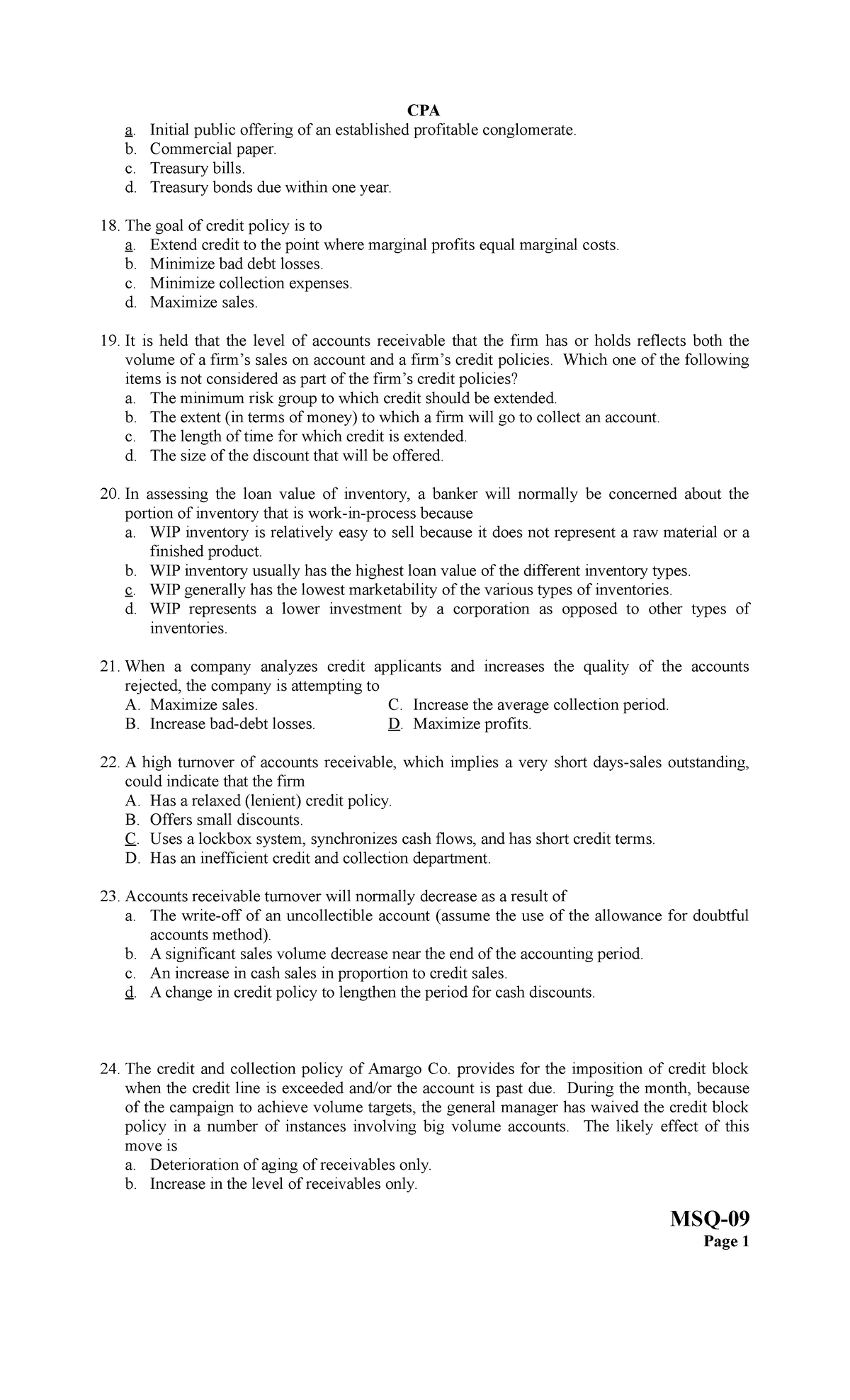 CPA Practice Problems on Credit Policy and Financial Management - Studocu