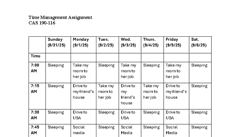 Time Management Assignment CAS 190-116: Weekly Schedule Overview - Studocu