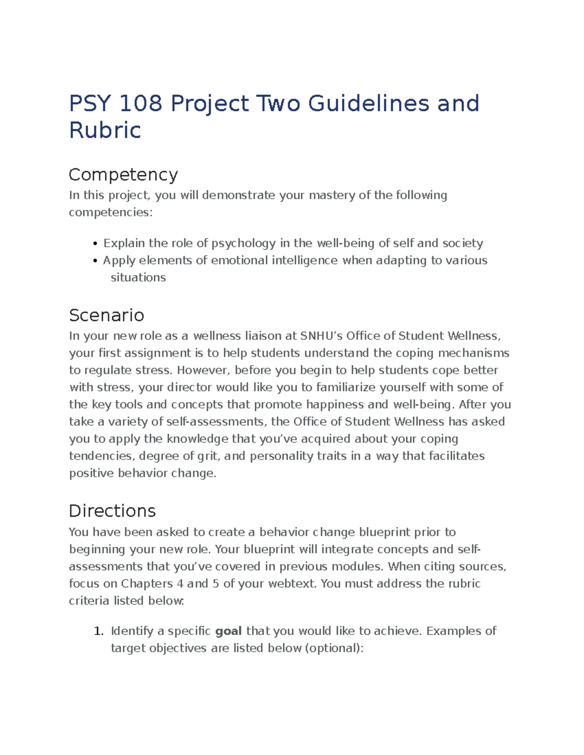 PSY 108 Project Two: Behavior Change Blueprint Guidelines and Rubric ...