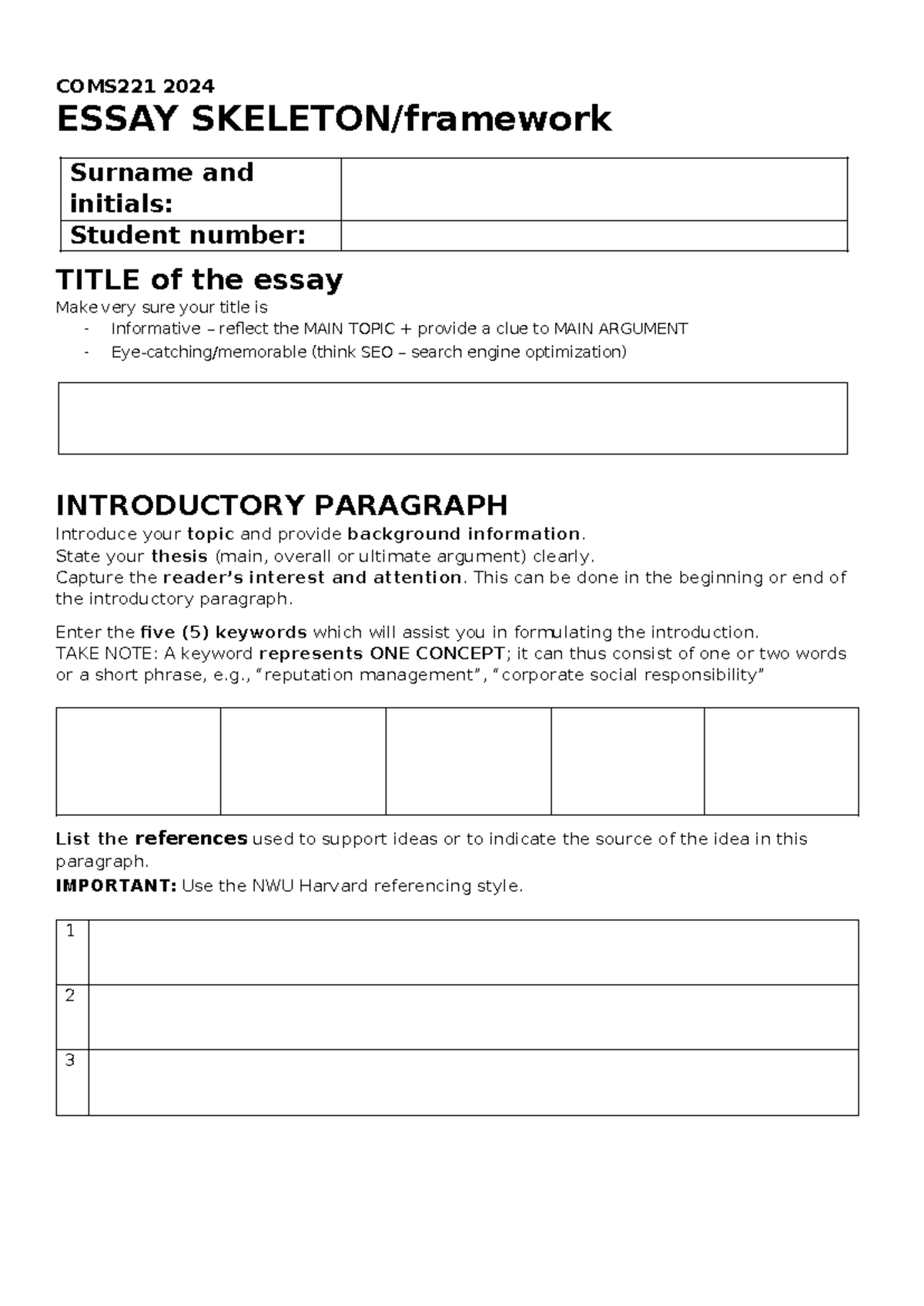 Essay Skeleton Guide for COMS221 - July 2, 2024 - Studocu