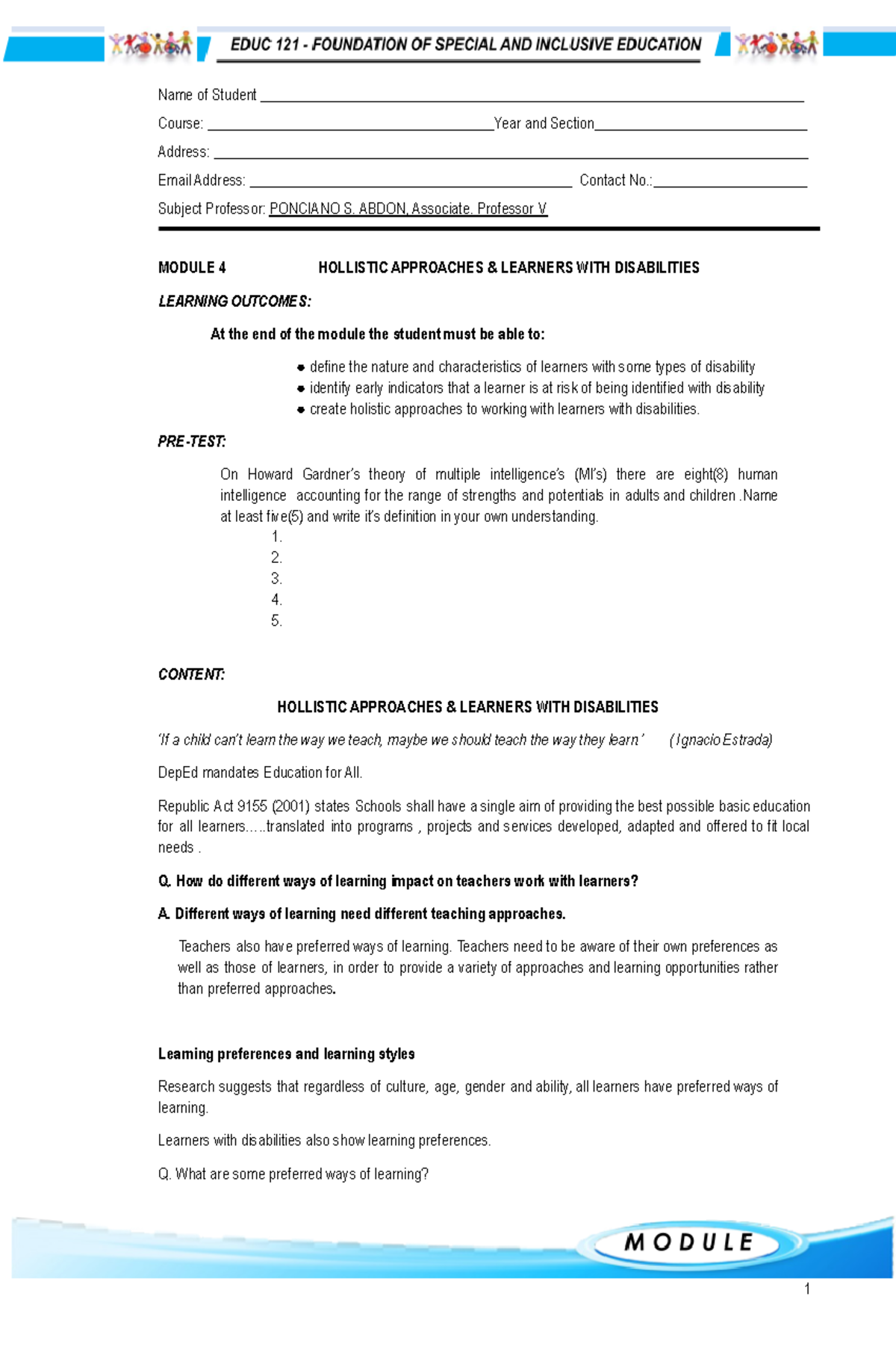 Holistic Approaches and Learners with Special Needs - Name of Student ...