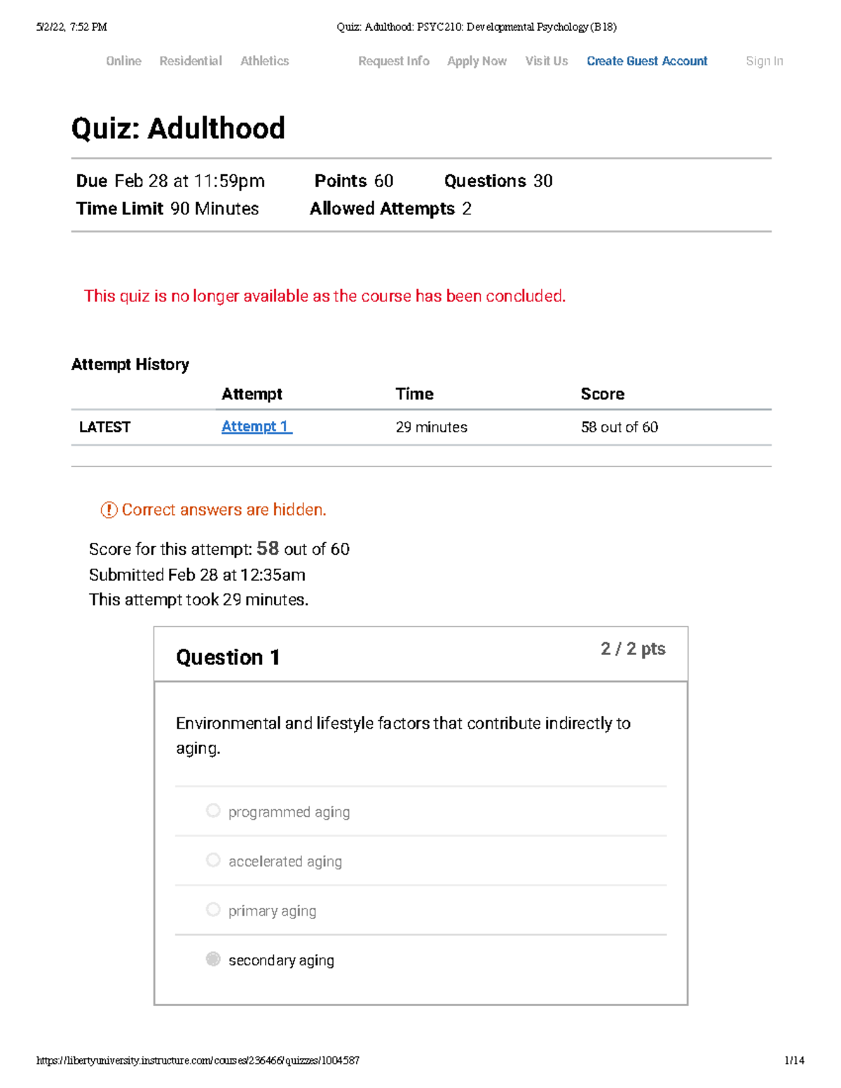 Adulthood Quiz Overview - PSYC210 Developmental Psychology B18 - Studocu