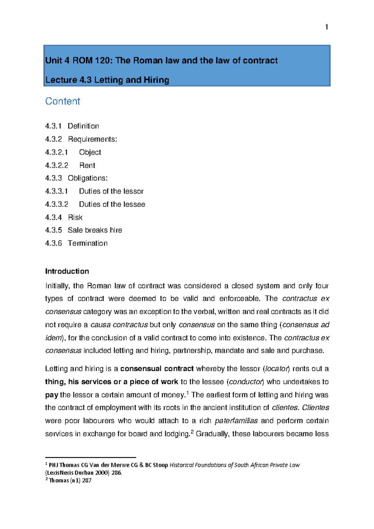 Lecture notes 4.3 - Unit 4 ROM 120: The Roman law and the law of ...