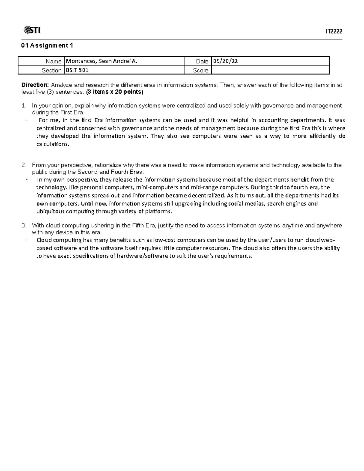 IT BSIT 501 Assignment 1: Analyzing Information System Eras - Studocu