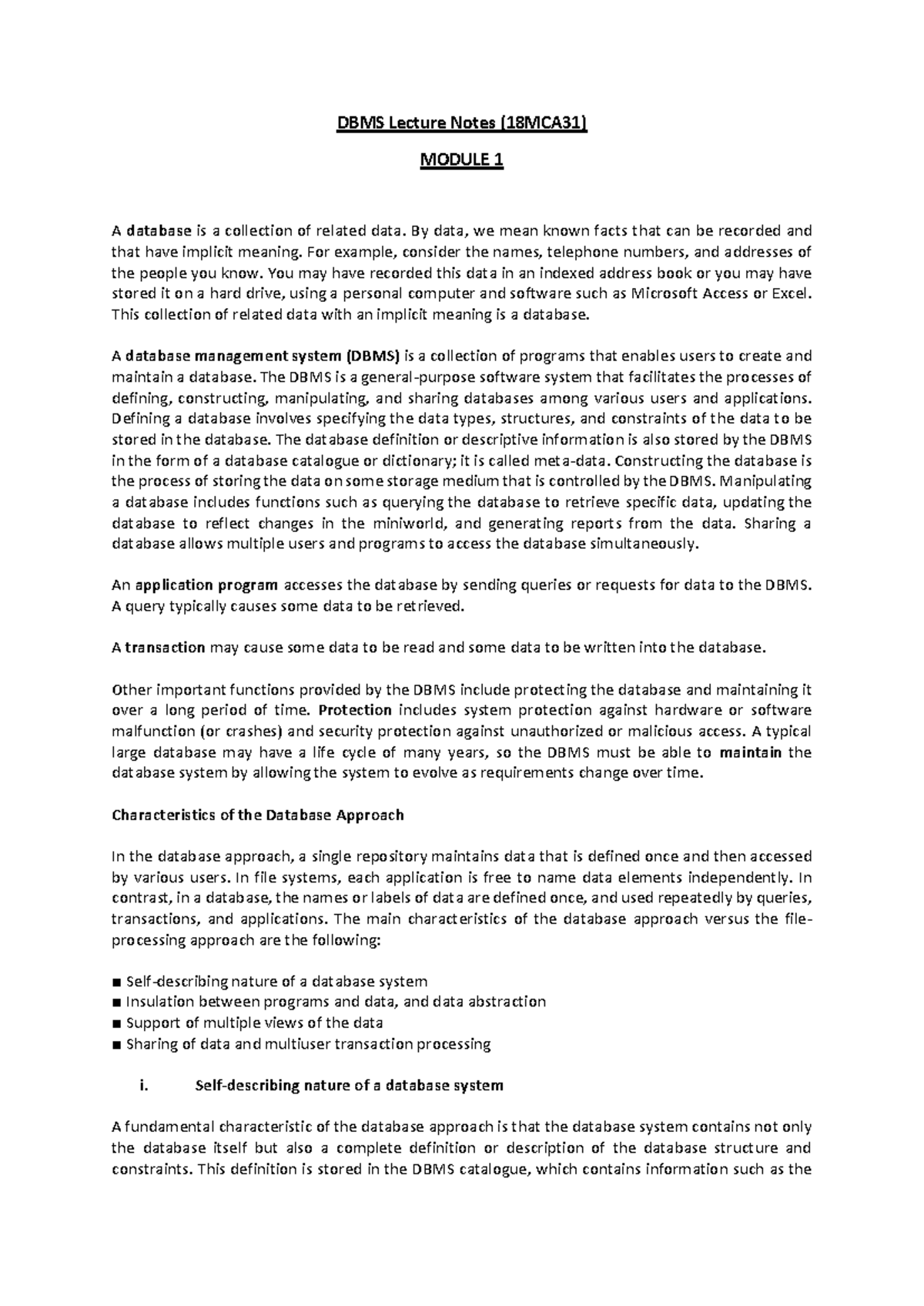 18MCA31 - DBMS Lecture Notes: Module 1 Overview and Concepts - Studocu