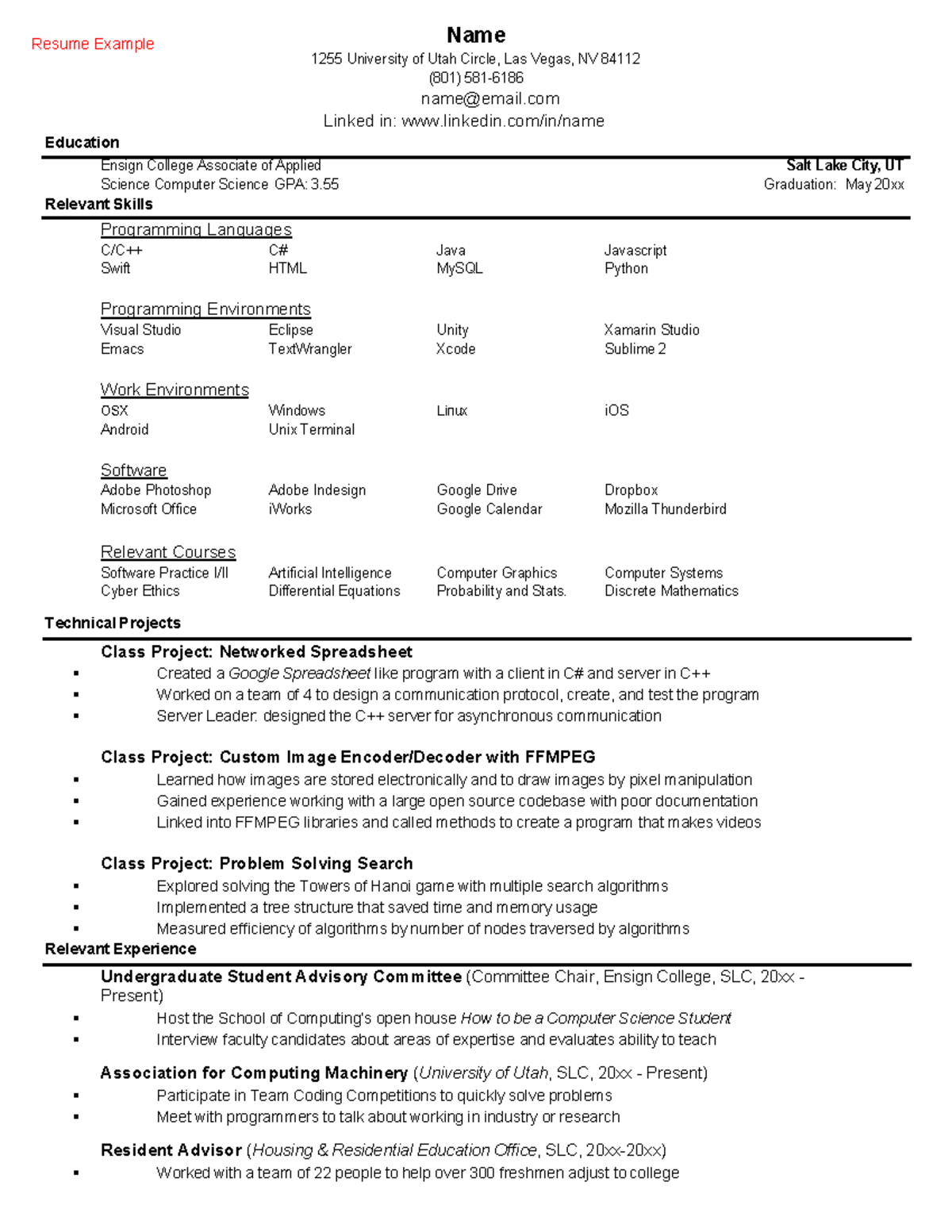 CS 1255: Computer Science Resume Example and Skills Overview - Studocu