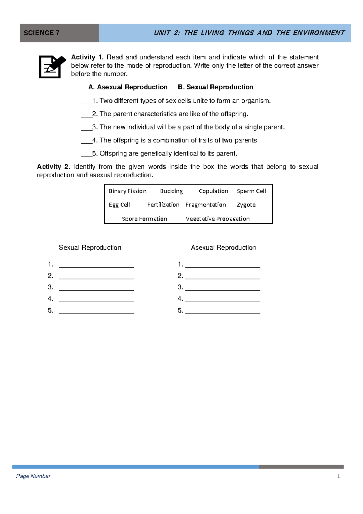 SCI 7 Activity: Asexual vs Sexual Reproduction Guide - Studocu