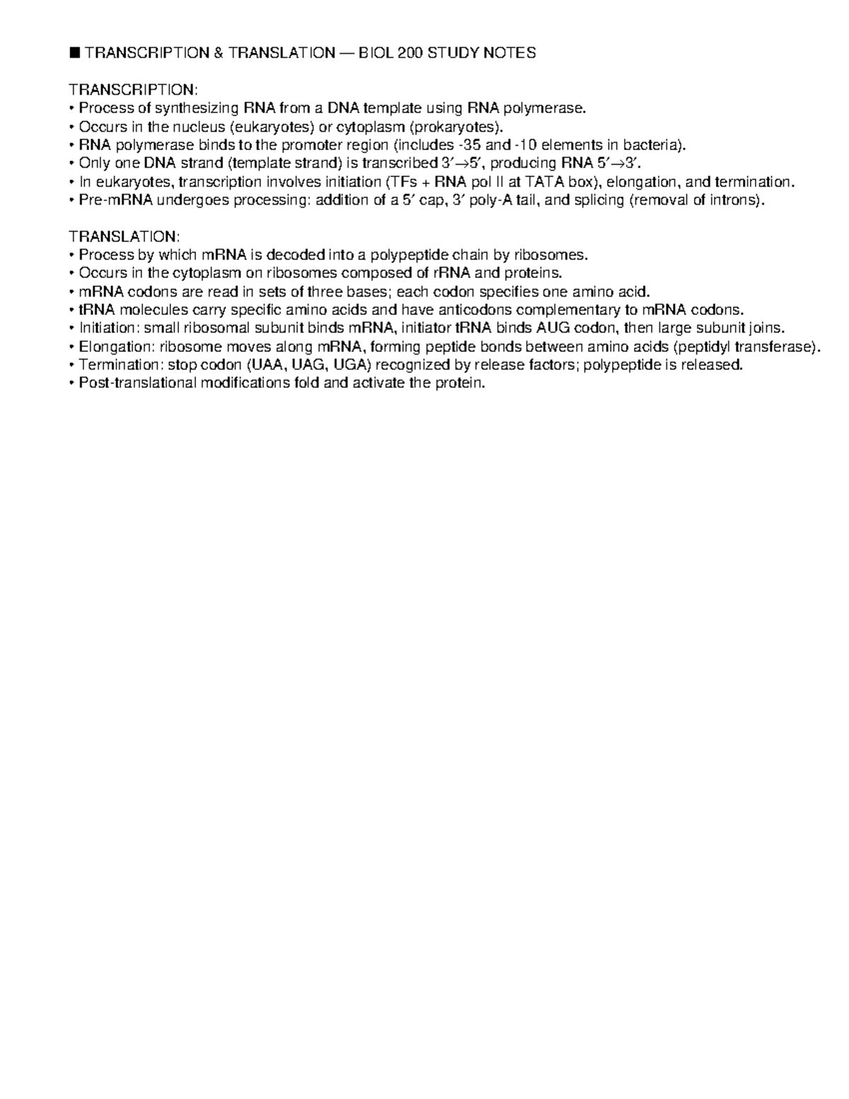 BIOL 200 Study Notes: Transcription & Translation Overview - Studocu