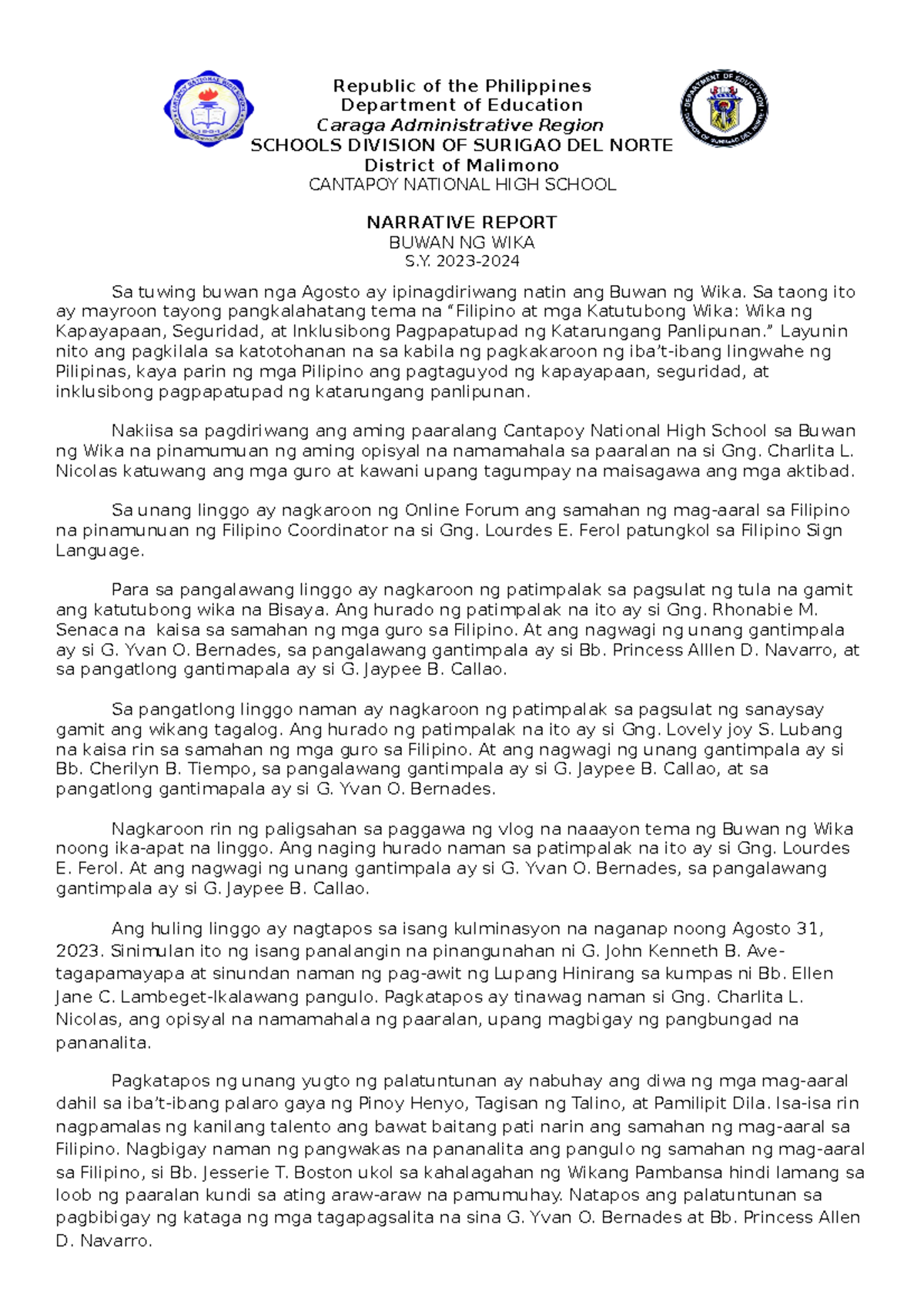 Sample Of Narrative Report In Filipino Buwan Ng Wika - photos and vectors