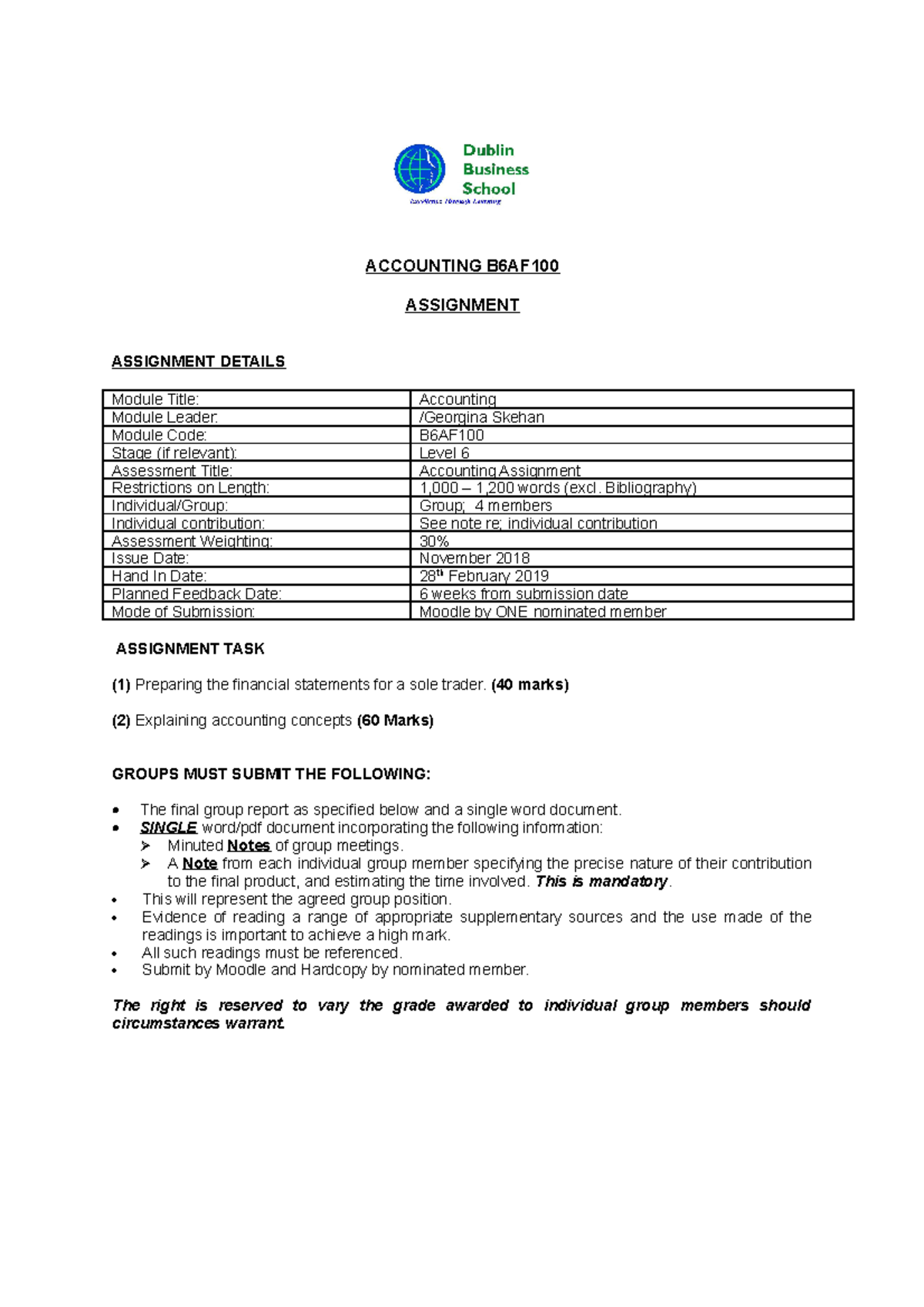 B6AF100 Accounting Assignment: Financial Statements & Concepts - Studocu