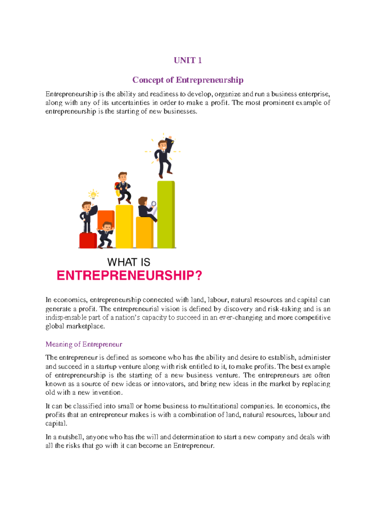 Unit 1 - Subject:Enterpreneurship - UNIT 1 Concept of Entrepreneurship ...