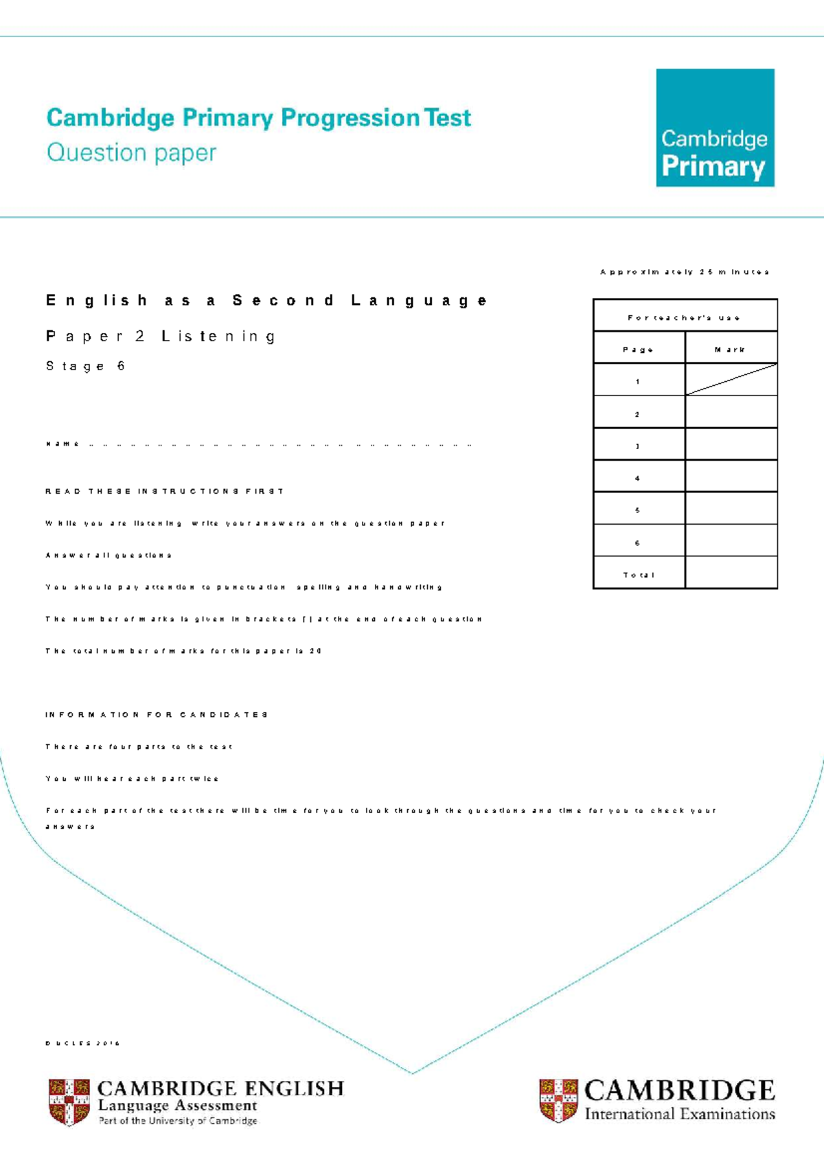 Cambridge Primary Progression Test - ESL 2016 Stage 6 Paper 2 Listening ...