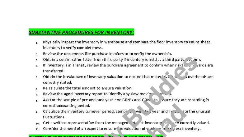 SUBSTANTIVE PROCEDURES FOR INVENTORY AND ASSETS: ACCA A C C 1 - Studocu