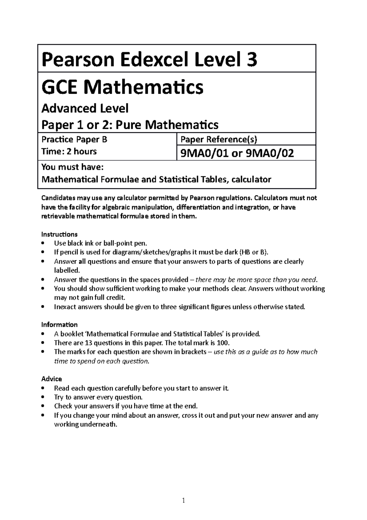 02a Edexcel A Level Math Practice Paper B – Pure Mathematics Exam - Studocu