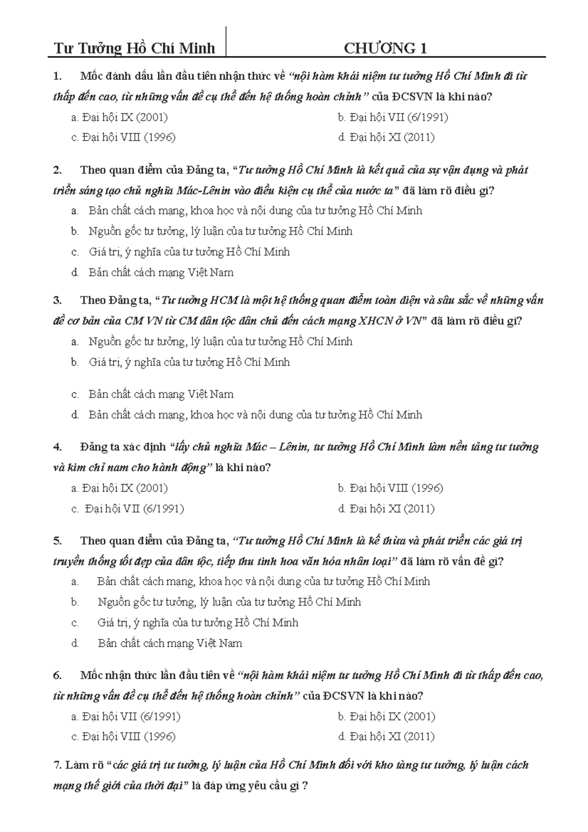 Tthcm-On C1 - TTHCM-Chuong1 - Tư Tưởng Hồ Chí Minh CHƯƠNG 1 Mốc đánh dấu lần đầu tiên nhận thức ...