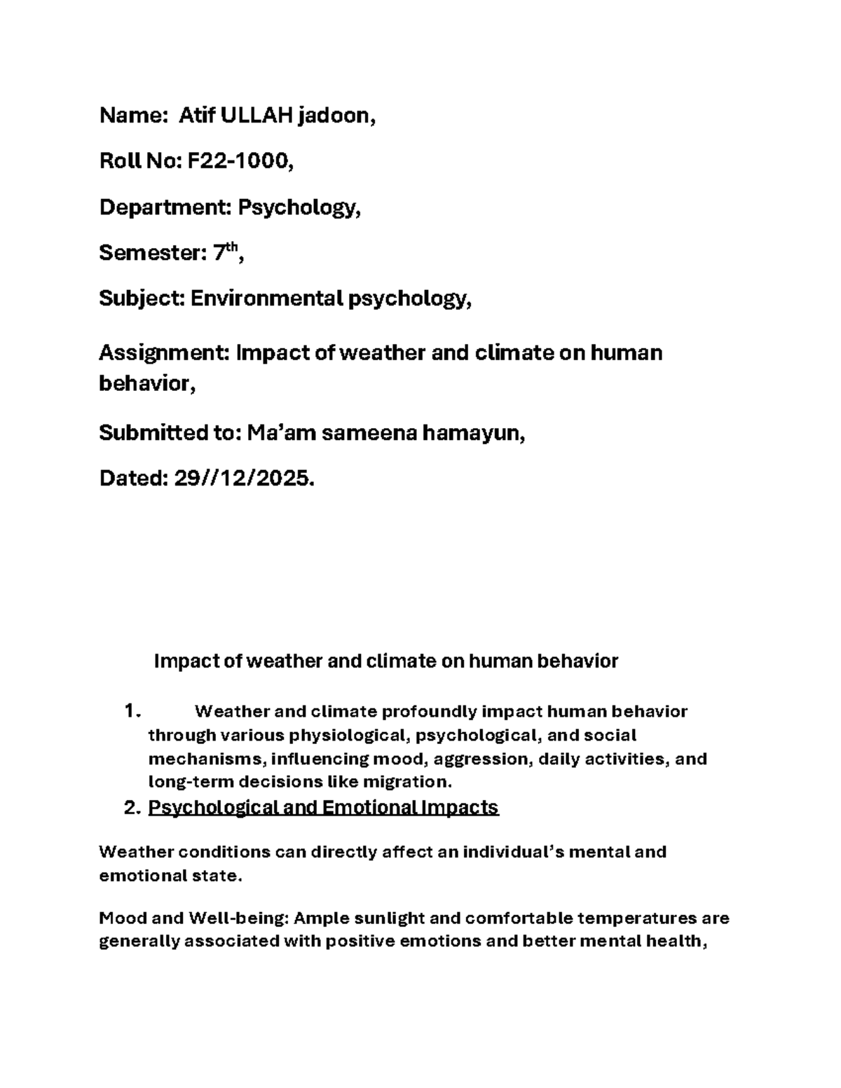 PSY 7th Sem: Impact of Weather & Climate on Human Behavior - Studocu